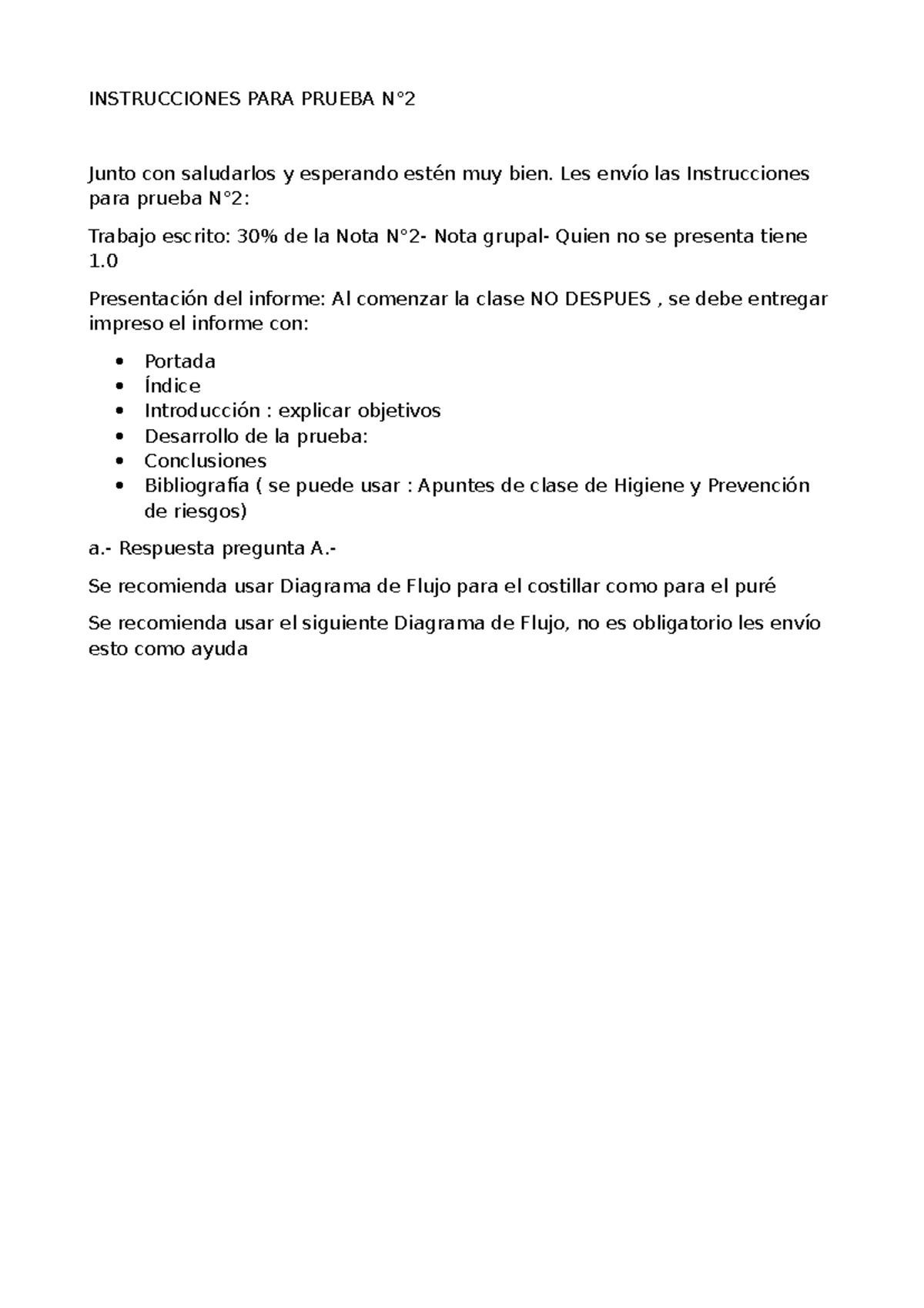 Instrucciones PARA Prueba N°2 - INSTRUCCIONES PARA PRUEBA N° Junto con saludarlos y esperando ...