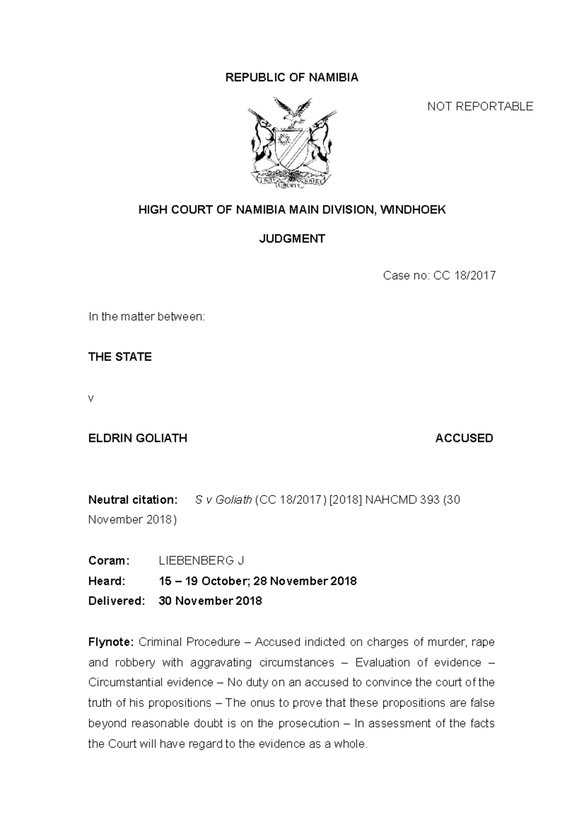 Criminal law 1 case6 - REPUBLIC OF NAMIBIA HIGH COURT OF NAMIBIA MAIN ...