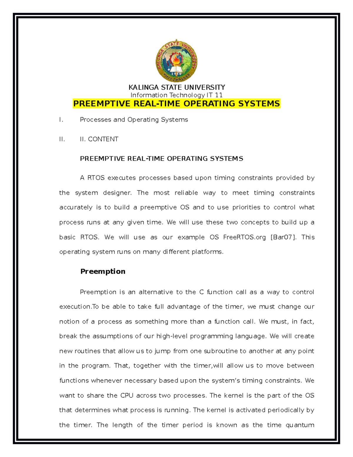 Preemptive REAL-TIME Operating Systems - KALINGA STATE UNIVERSITY Information Technology IT 11 ...