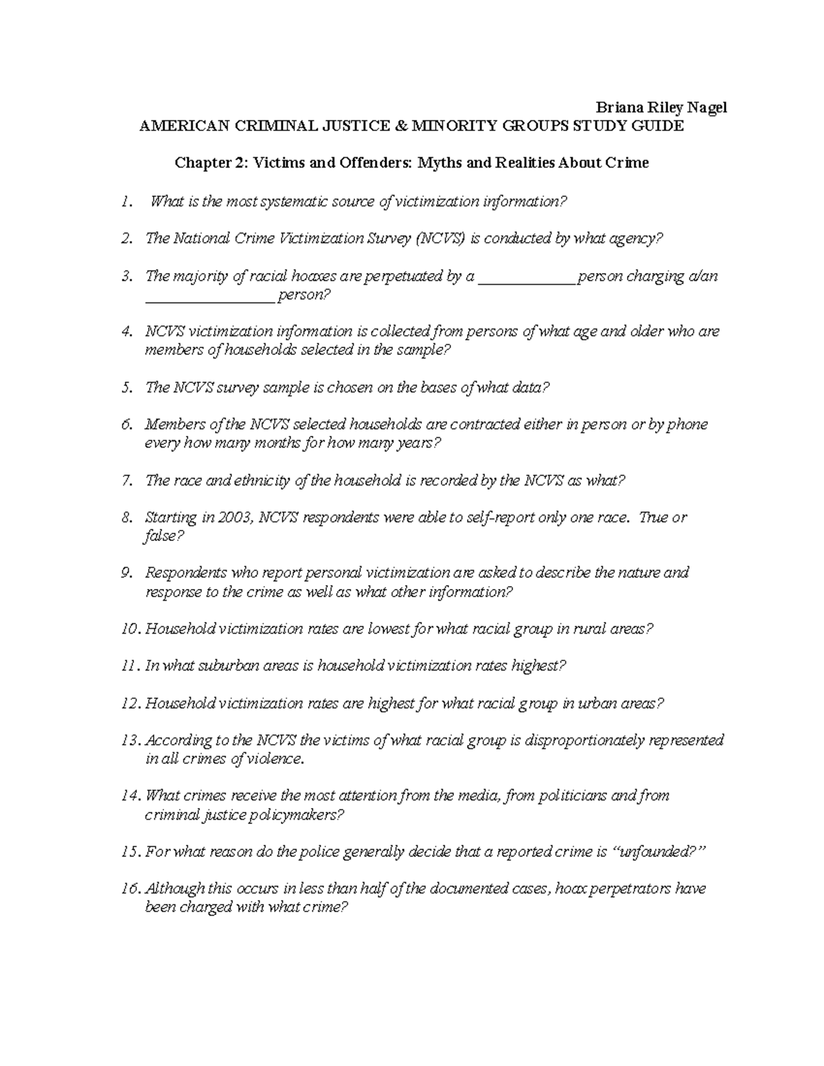 CRJ 117 Study Guide Chapter 2 Victims and Offenders Myths and Realities ...