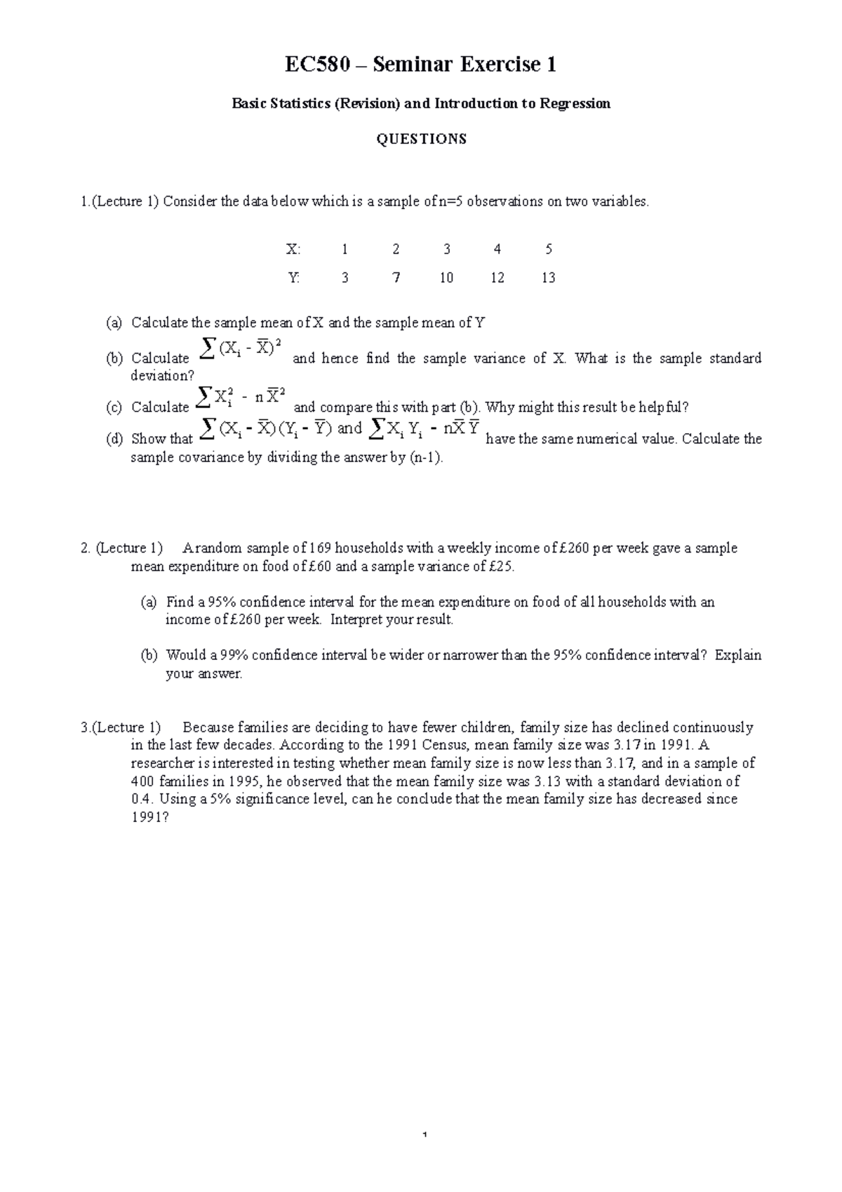 EC580 Seminar Exercise 1 Questions - EC580 – Seminar Exercise 1 Basic ...