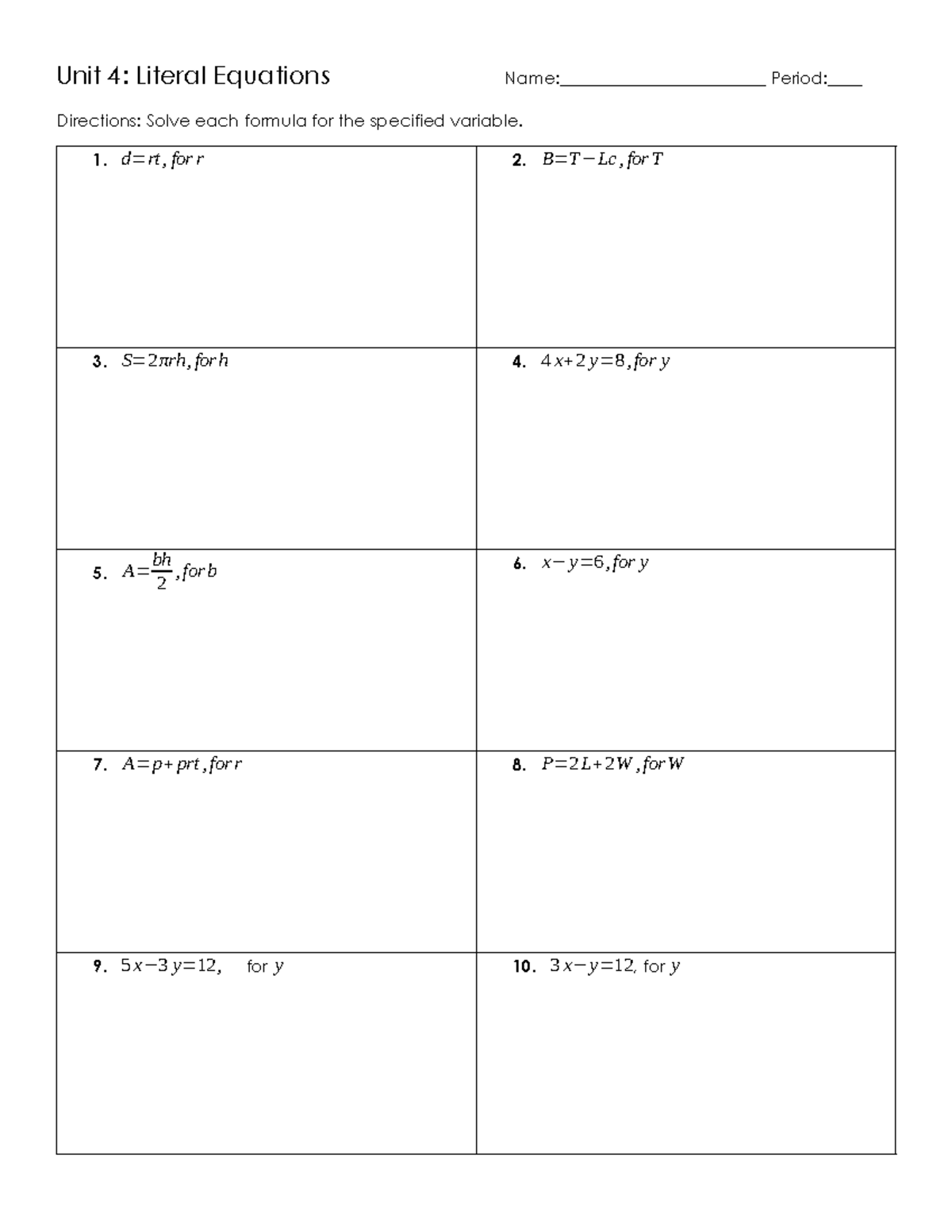Literal Equations Practice - Unit 4: Literal Equations Name ...