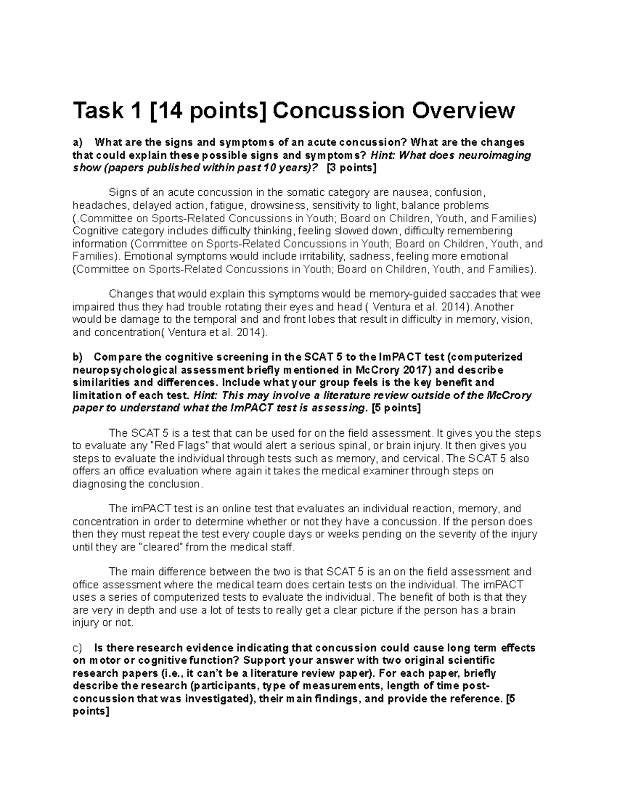 Kin460 Lab 6 - Grade: A - Task 1 [14 points] Concussion Overview a ...