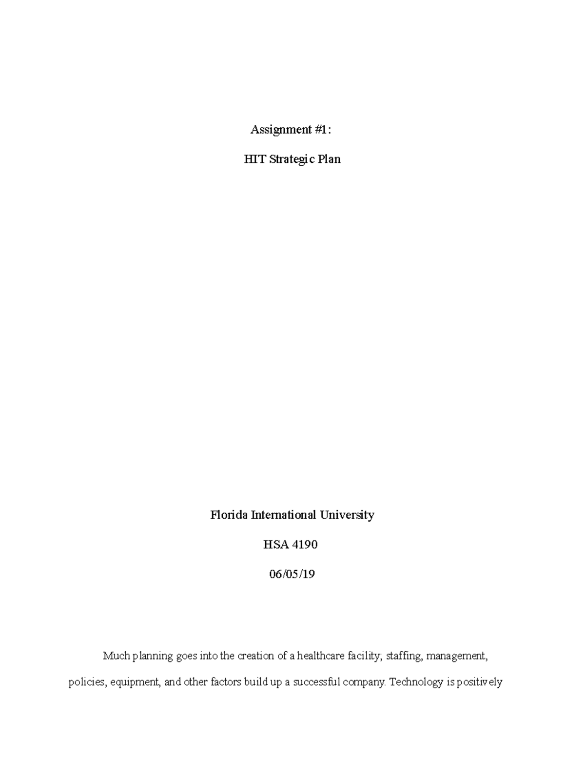 Assignment #1 - HIT Strategy - Assignment #1: HIT Strategic Plan ...