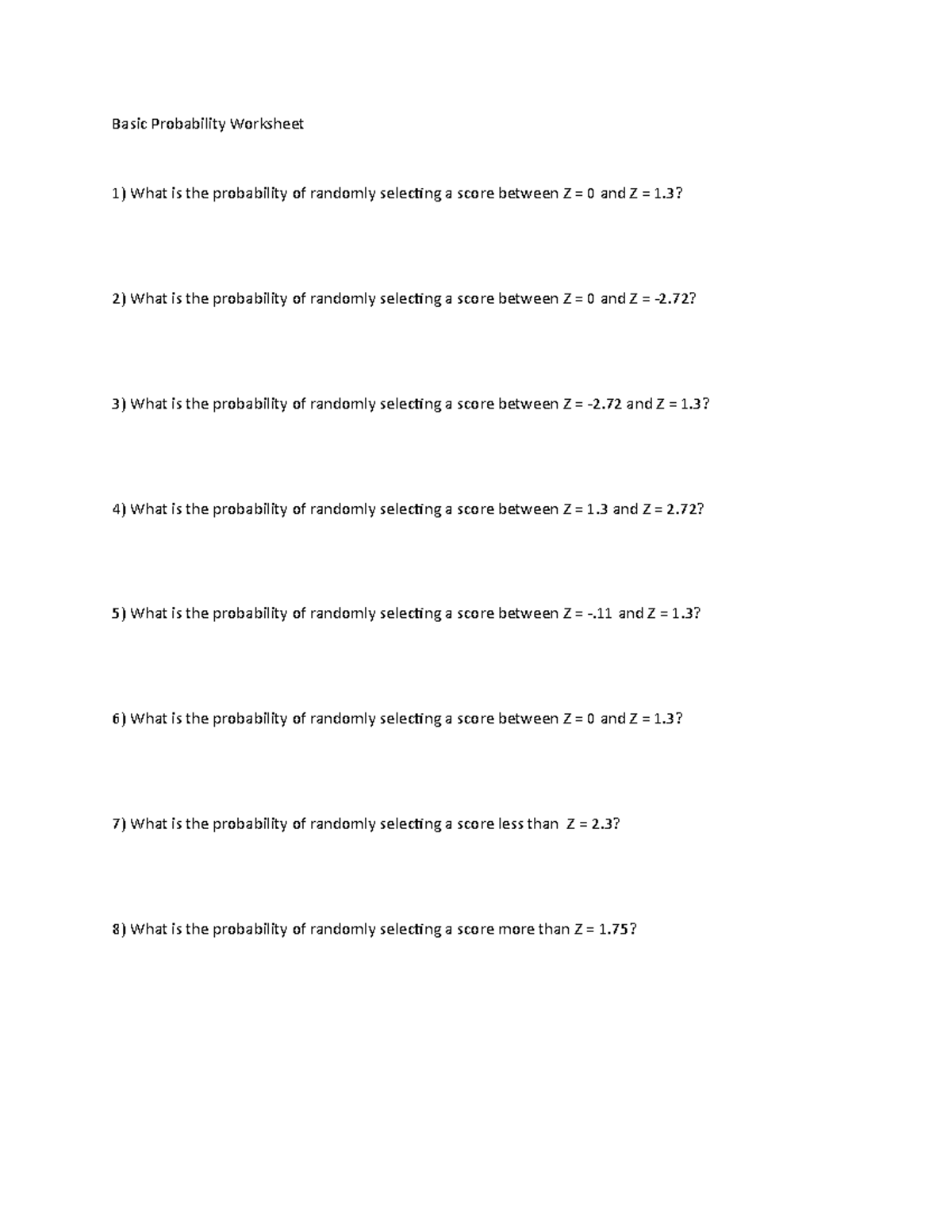 9 28 Worksheet - Basic Probability Worksheet What is the probability of ...