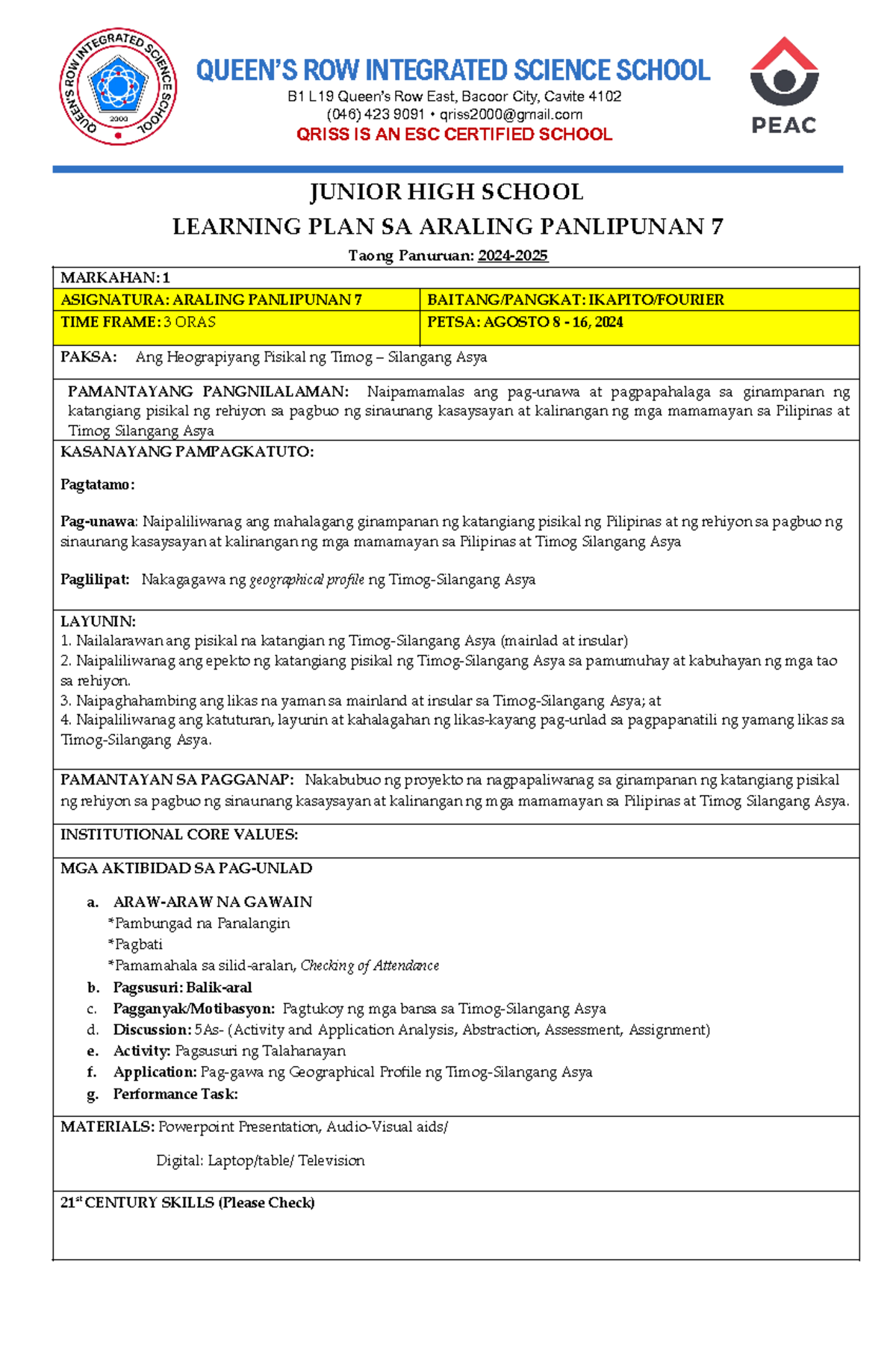 AP 7 LP WEEK 1-2 - WEEKLY LEARNING PLAN - JUNIOR HIGH SCHOOL LEARNING ...