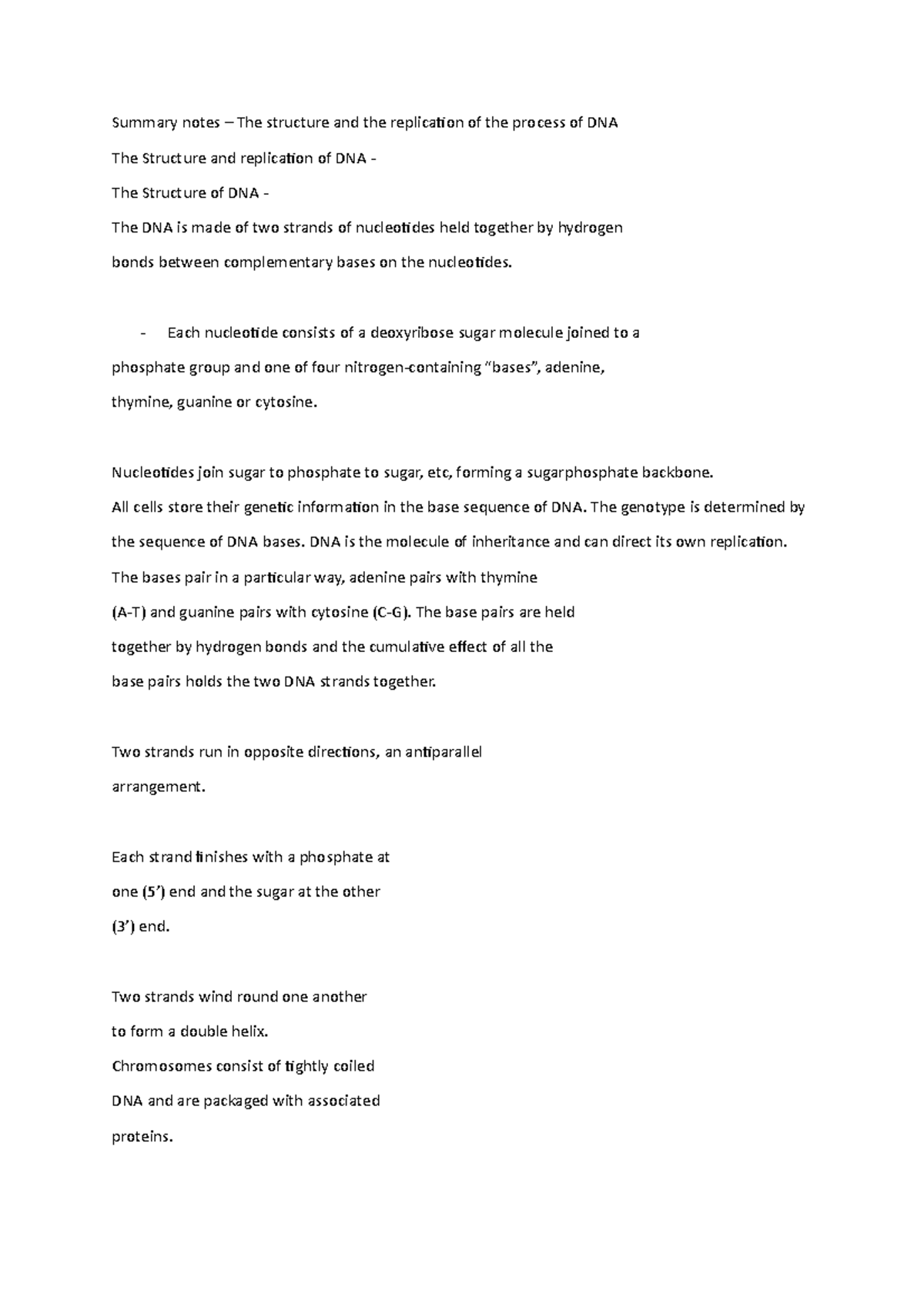 Summary notes – The structure and the replication of the process of DNA ...