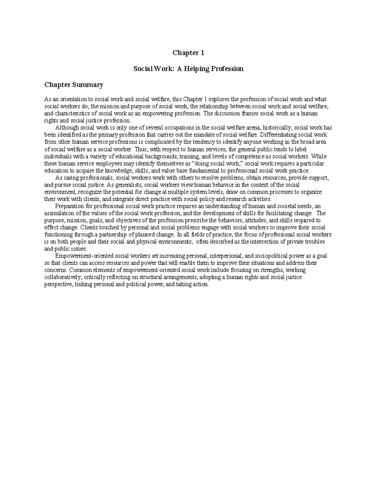 Chapter 1 summary - Chapter 1 Social Work: A Helping Profession Chapter ...