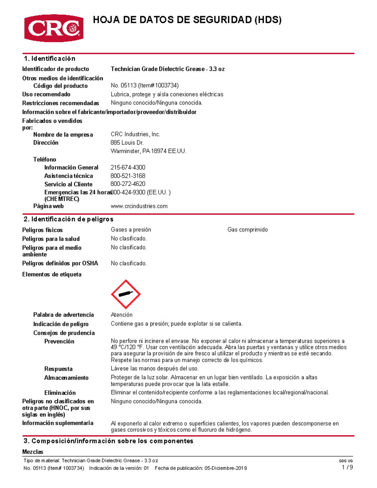 CRC Grease - HOJA - HOJA DE DATOS DE SEGURIDAD (HDS) 1. Identificación ...