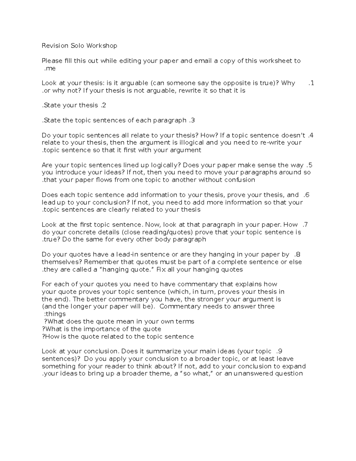 Solo Revision Workshop - Revision Solo Workshop Please fill this out while editing your paper ...