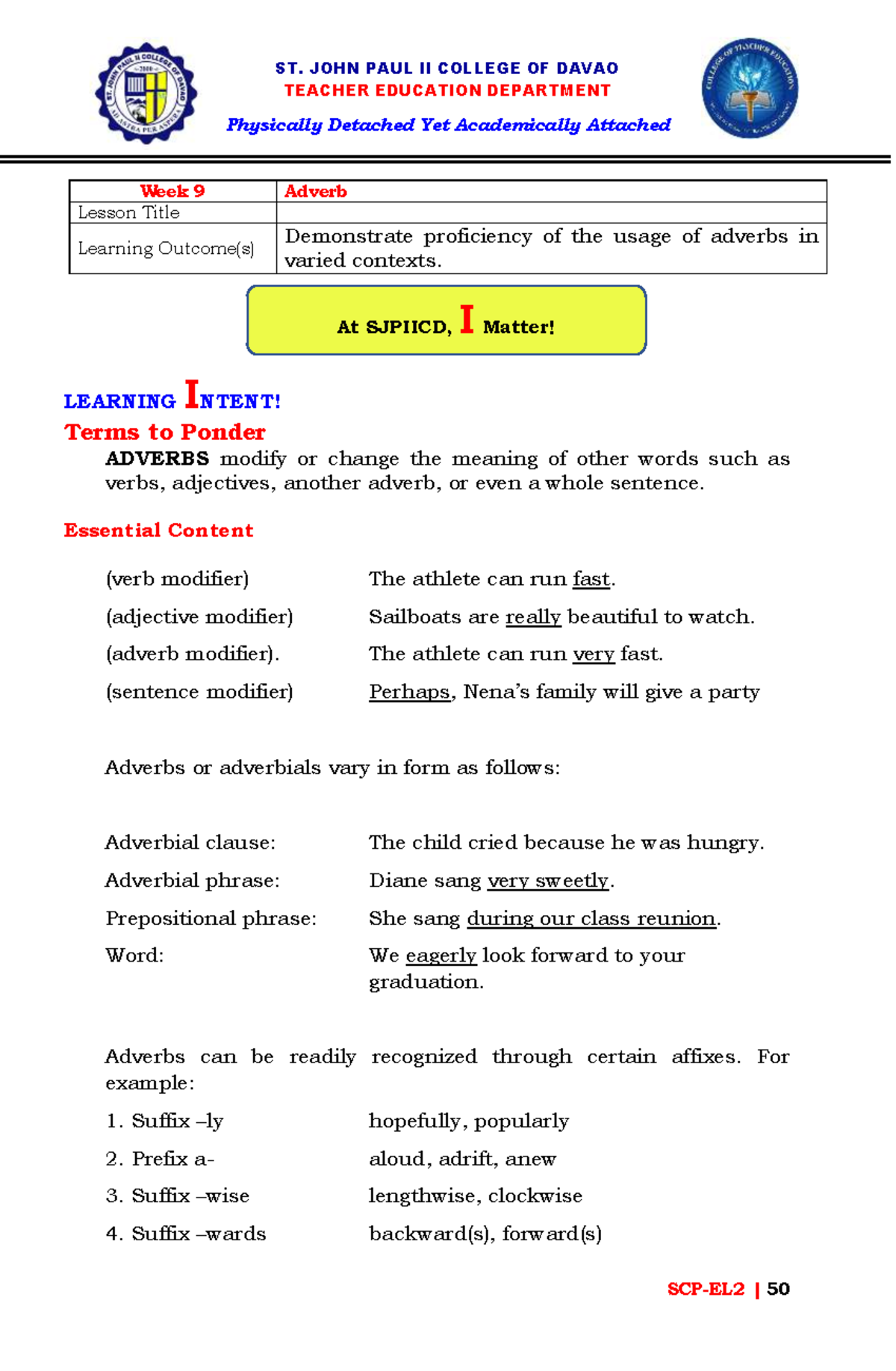 Adverbs - Lesson Plan - SCP-EL2 | 50 ST. JOHN PAUL II COLLEGE OF DAVAO ...