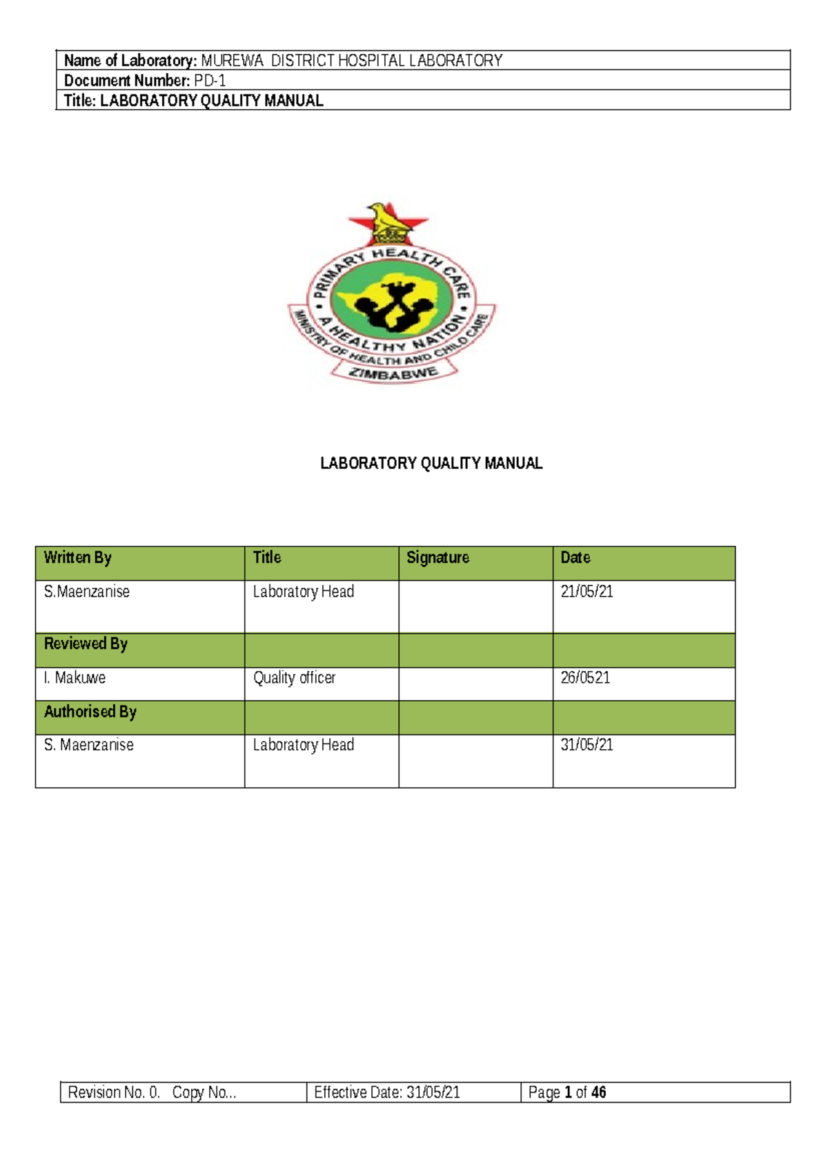 PD1- MDH Quality Manual - Document Number: PD- 1 Title: LABORATORY QUALITY MANUAL LABORATORY ...