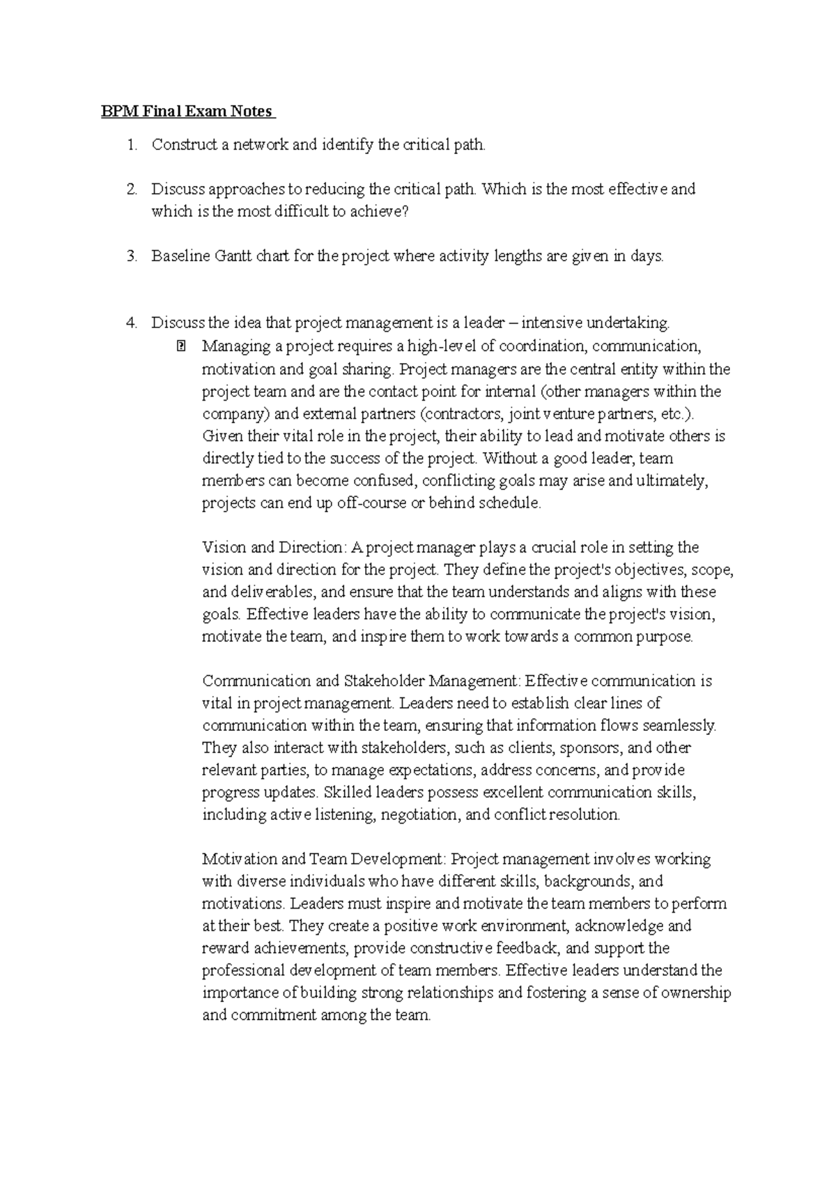 BPM Final Exam Notes - Construct a network and identify the critical ...