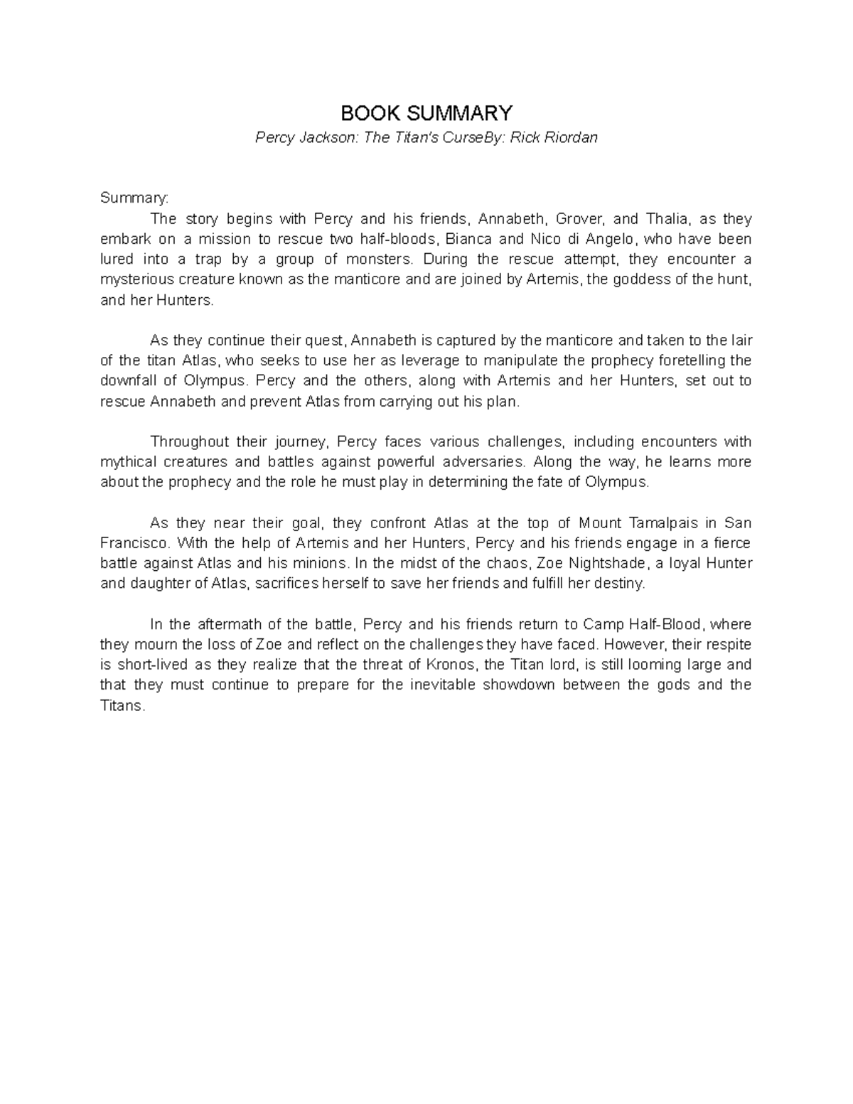 Percy Jackson The Titan's Curse - BOOK SUMMARY Percy Jackson: The Titan's CurseBy: Rick Riordan ...