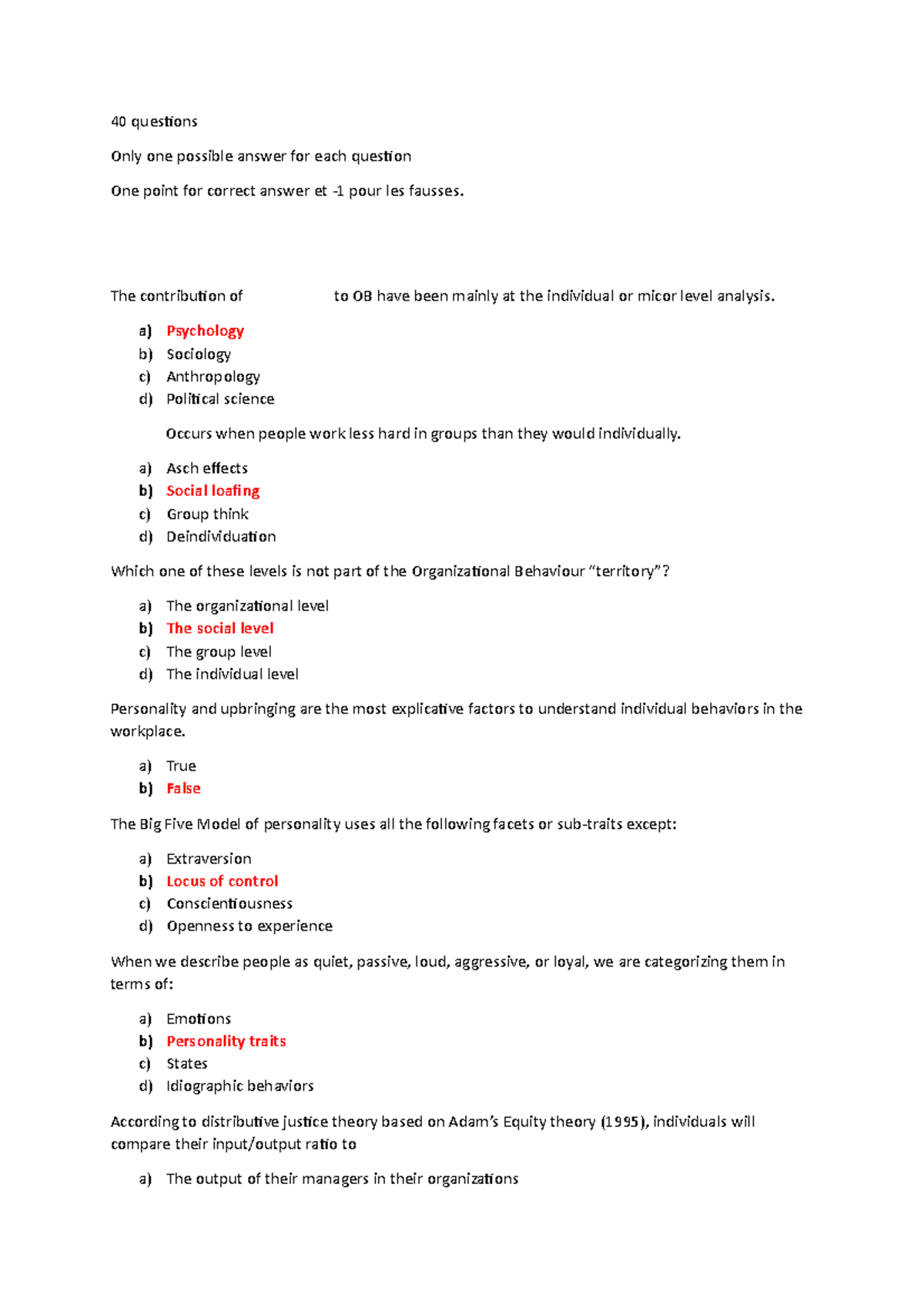 40 questions for organizational behaviour for prep - 40 questions Only ...