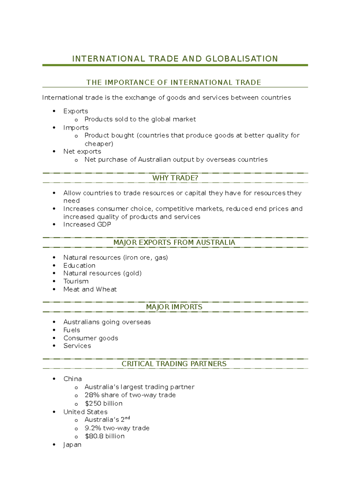 Lecture week 9 - INTERNATIONAL TRADE AND GLOBALISATION THE IMPORTANCE ...