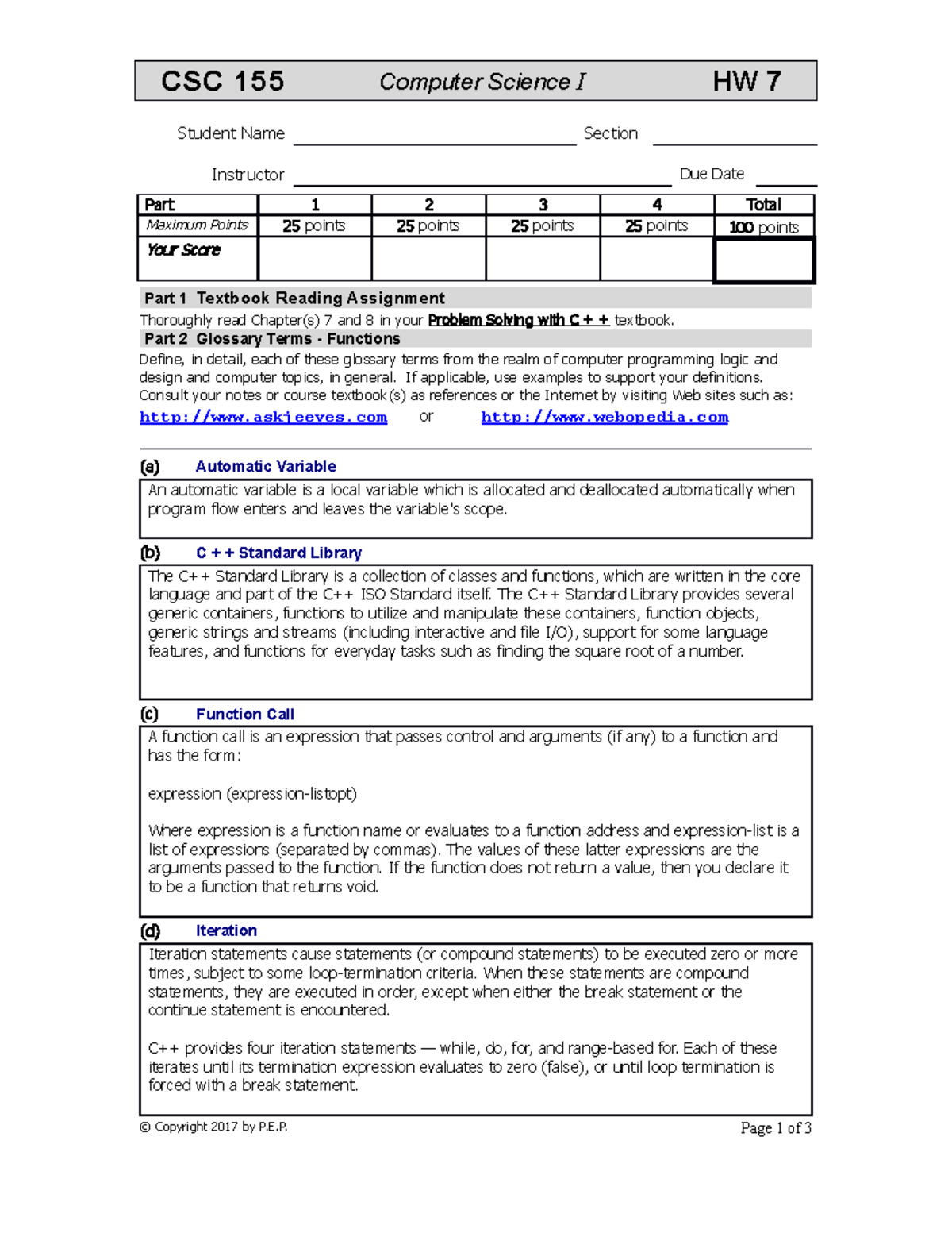 Homework 7 - Assignment - CSC 155 HW 7 Computer Science I Student Name Section Due Date ...