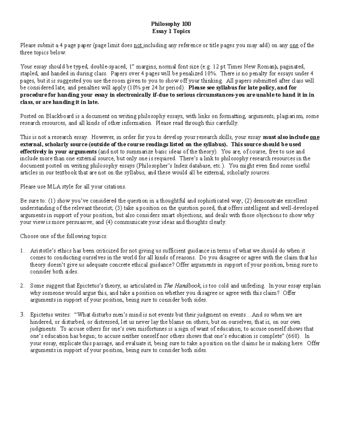 Phil 100 Essay 1 Topics - Philosophy 100 Essay 1 Topics Please submit a ...