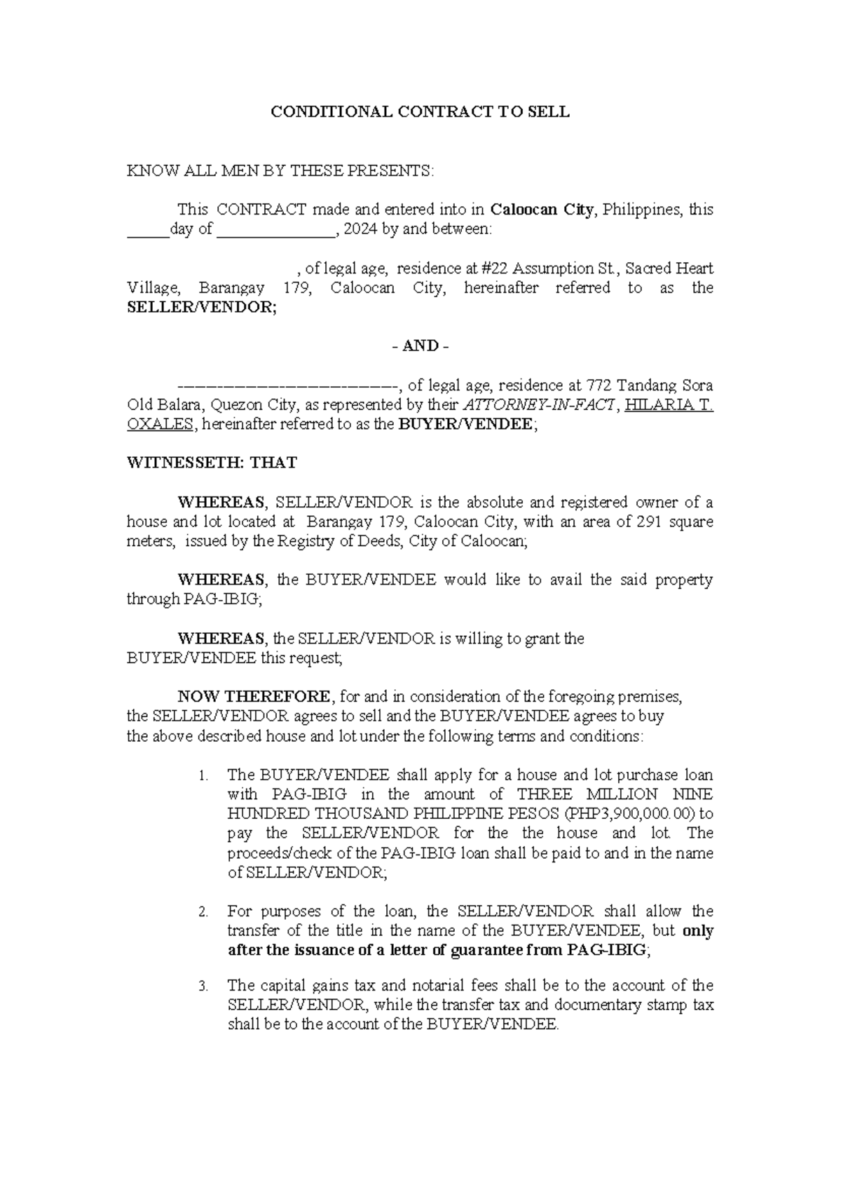 Conditional Contract TO SELL - CONDITIONAL CONTRACT TO SELL KNOW ALL ...