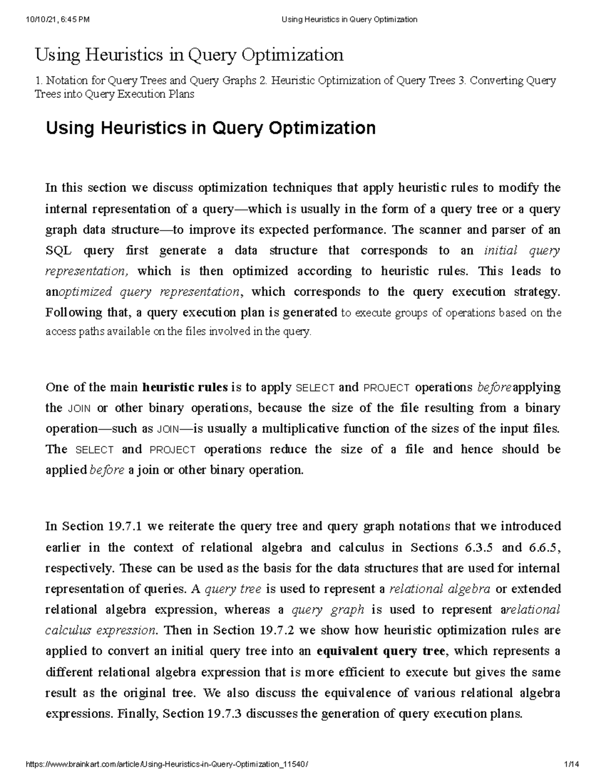 Using Heuristics In Query Optimization Using Heuristics In Query