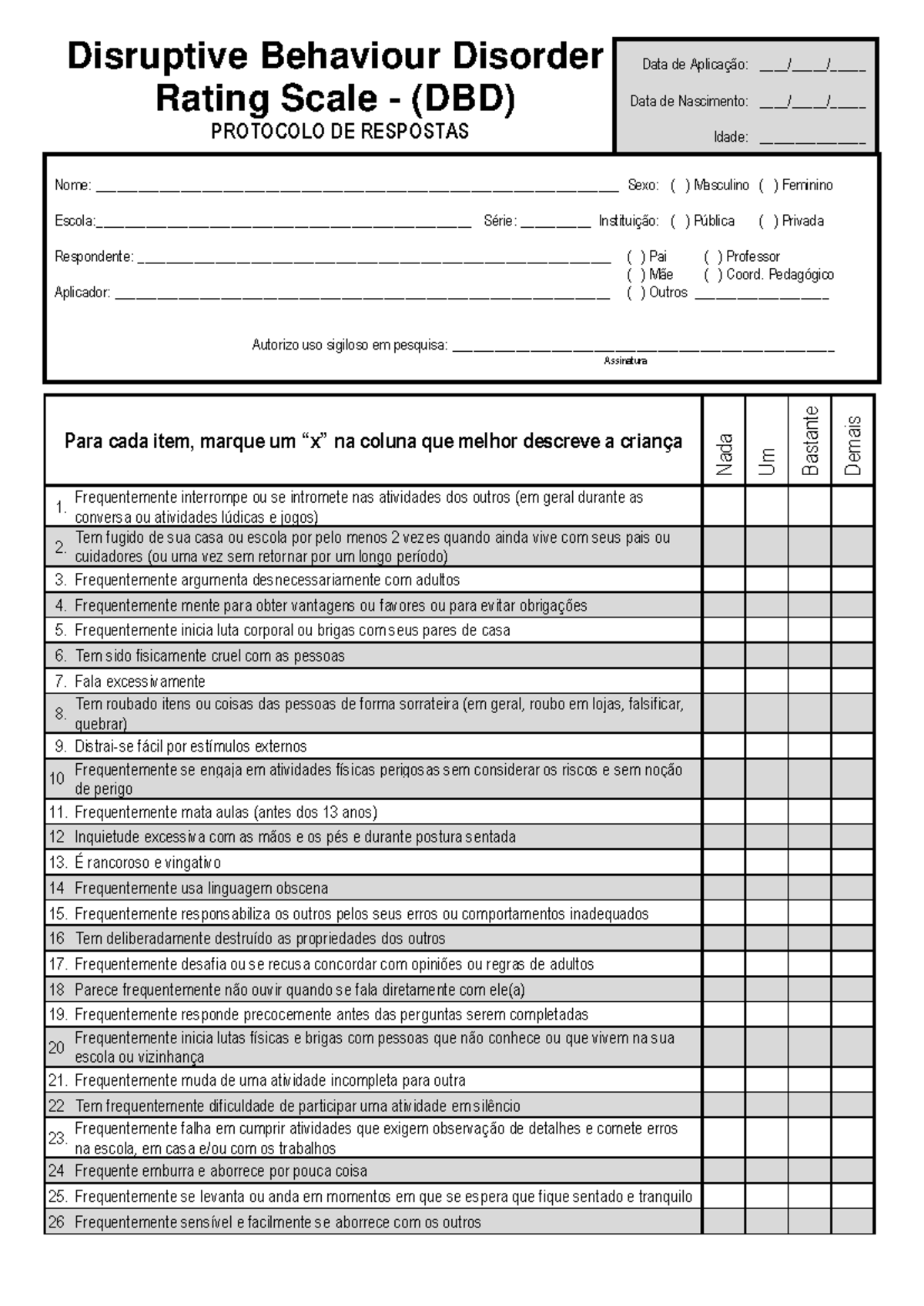 Escala TDAH DBD-RS - Protocolo de Respostas - Disruptive Behaviour ...