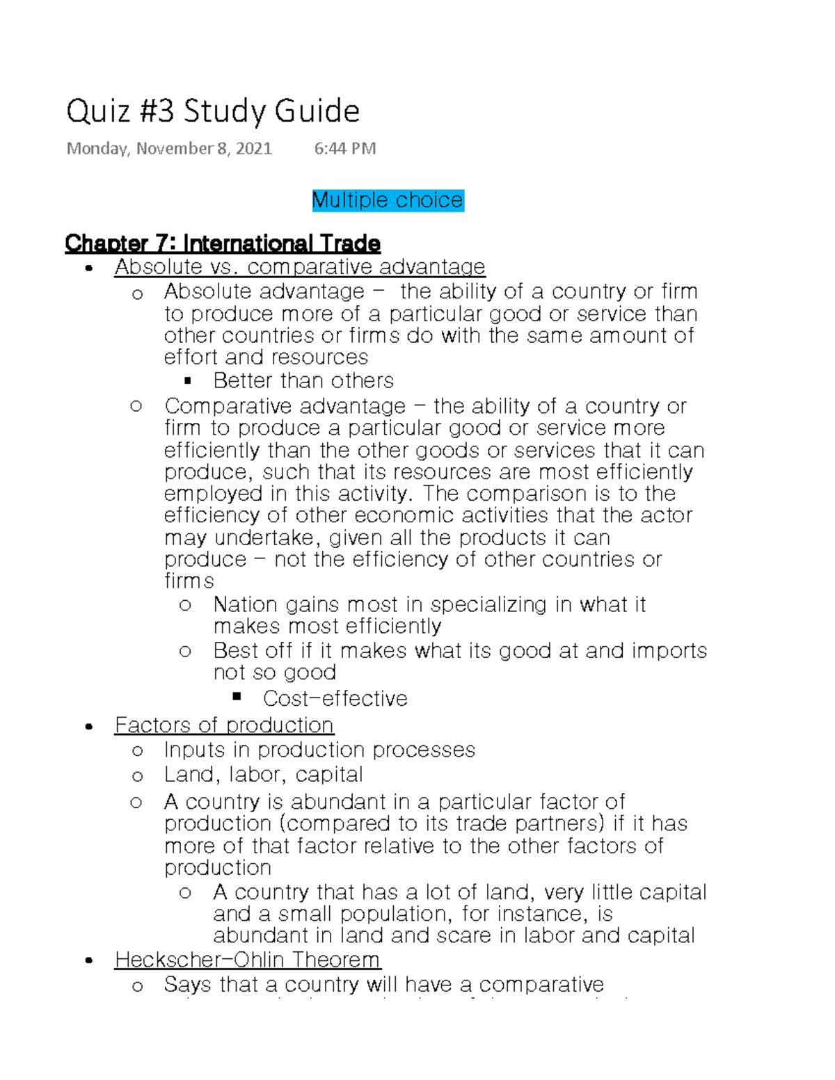 Quiz 3 Study Guide - Multiple choice Chapter 7 : International Trade ...