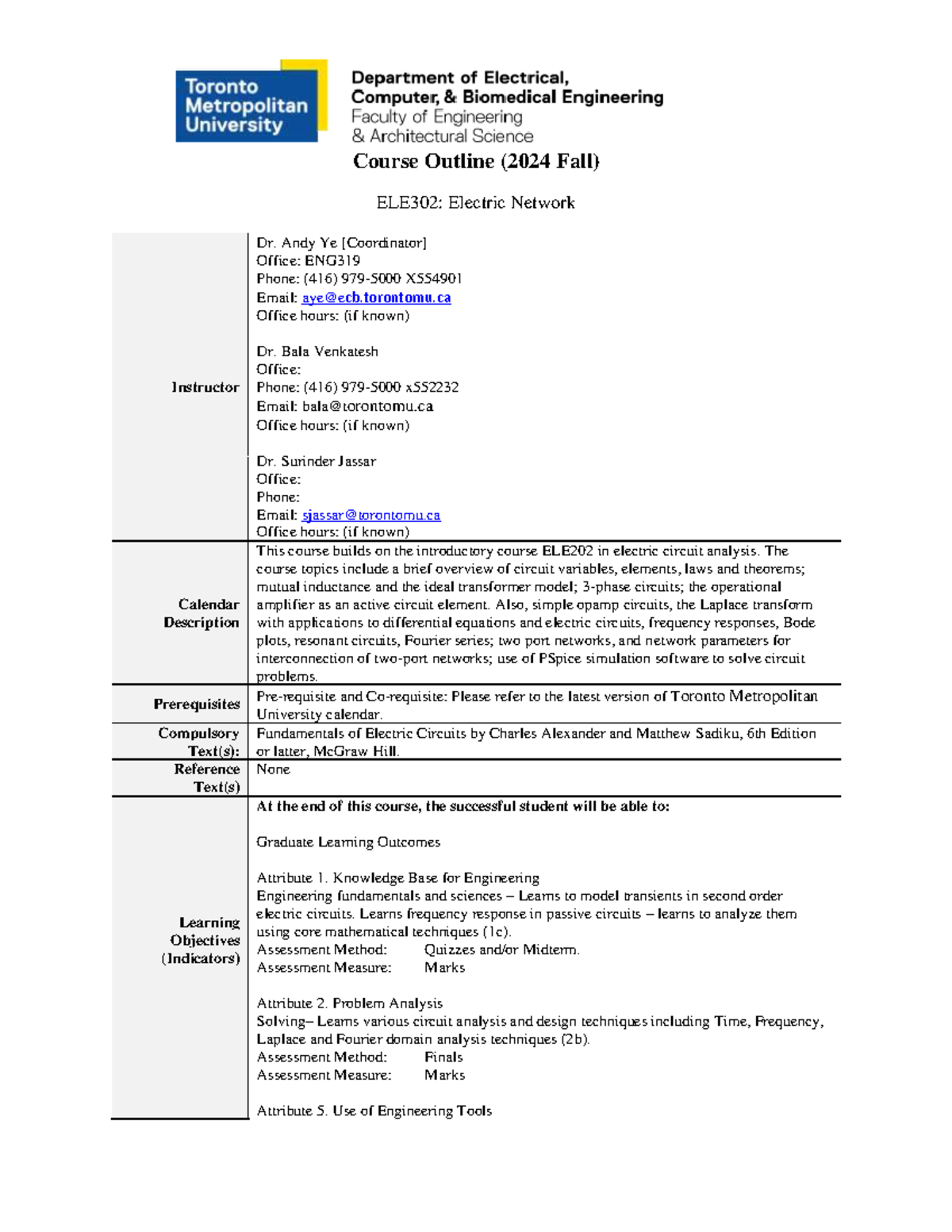 ELE302 ECE Standard Course Outline 2024-3 Dated - Course Outline ( 2024 ...