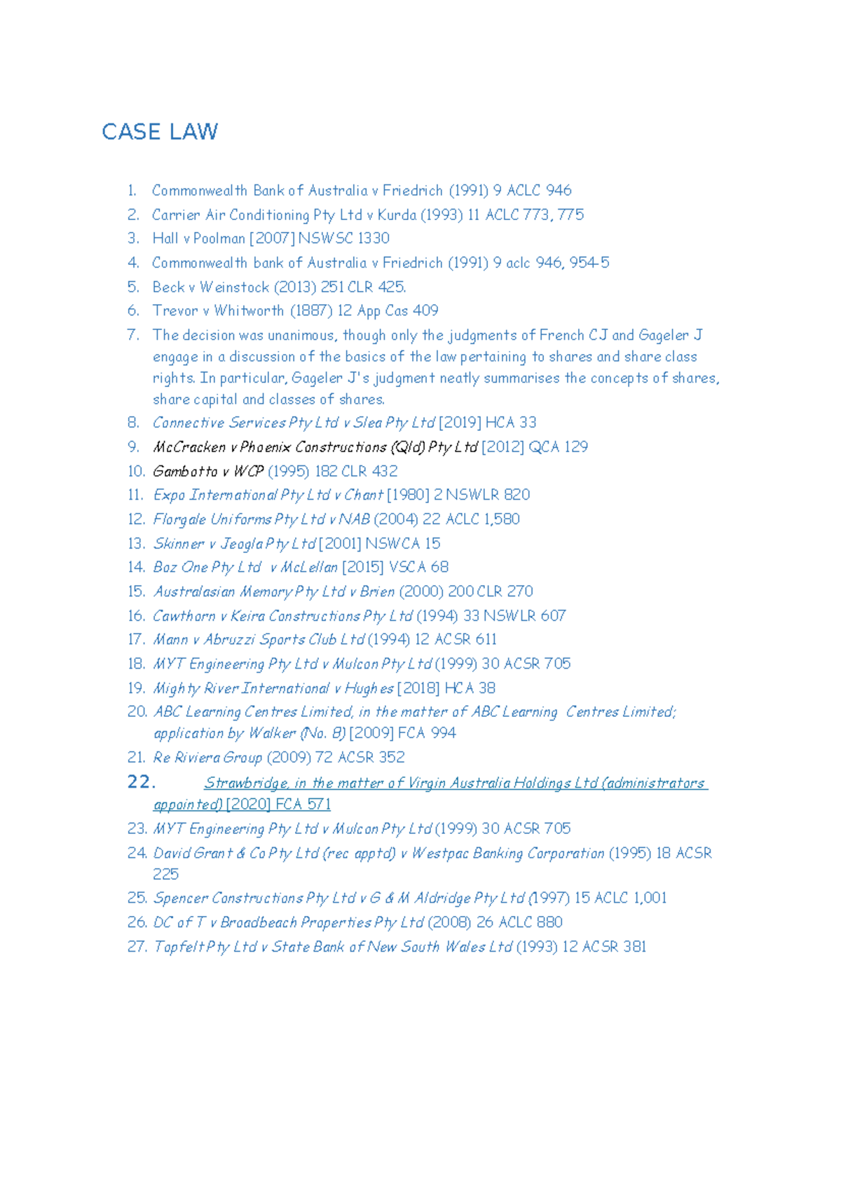 CASE LAW 2020 Corporate LAW - CASE LAW Commonwealth Bank of Australia v ...