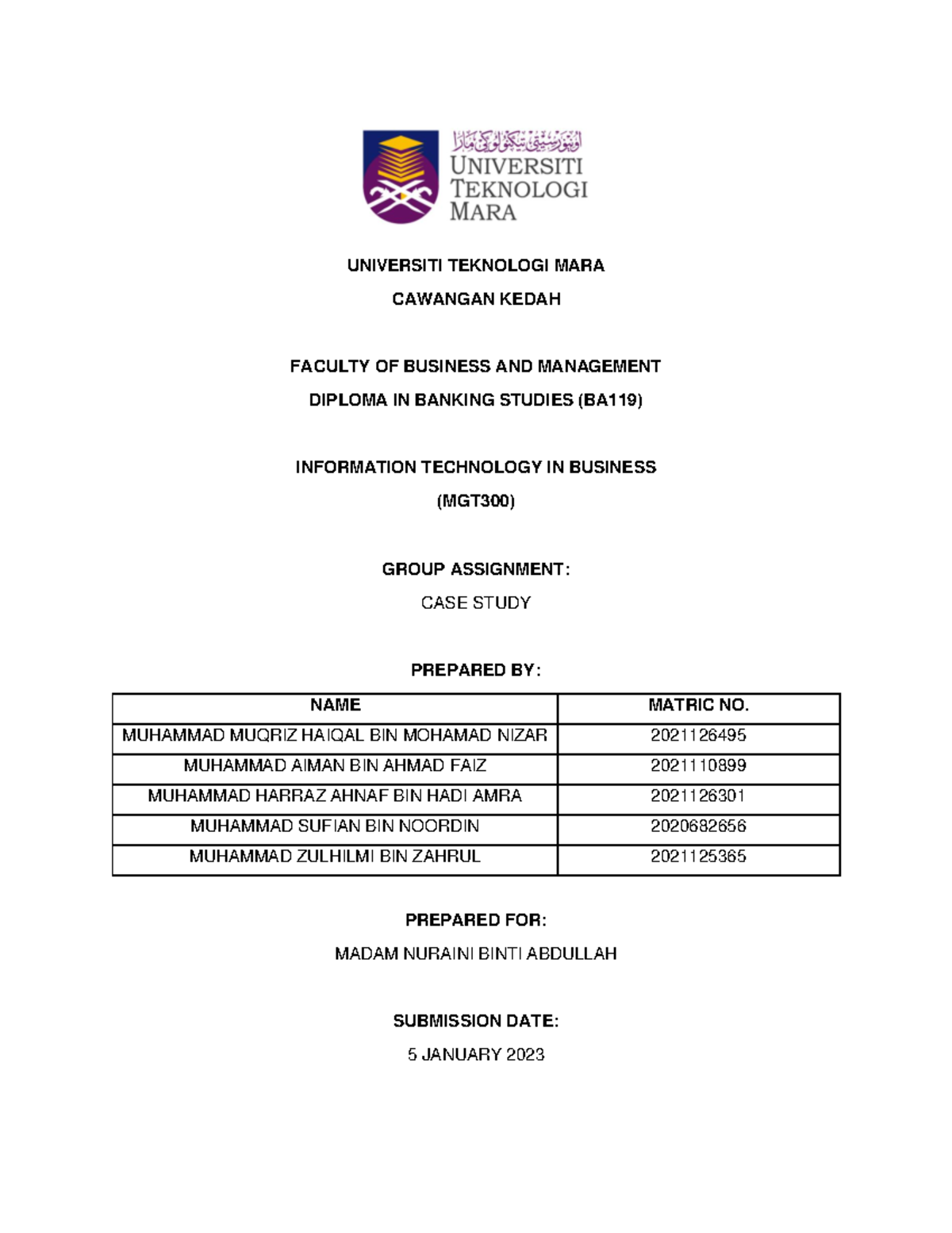 Group assignment (1) - UNIVERSITI TEKNOLOGI MARA CAWANGAN KEDAH FACULTY ...