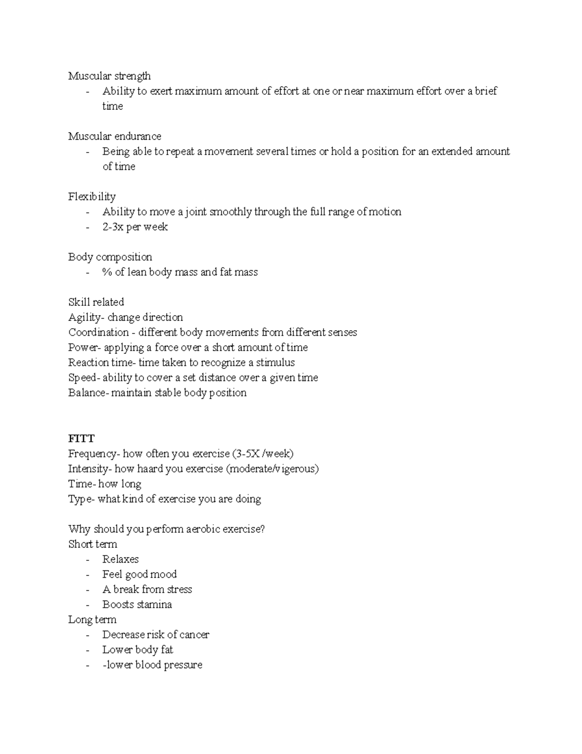 PE 144 2023 notes - Muscular strength - Ability to exert maximum amount ...