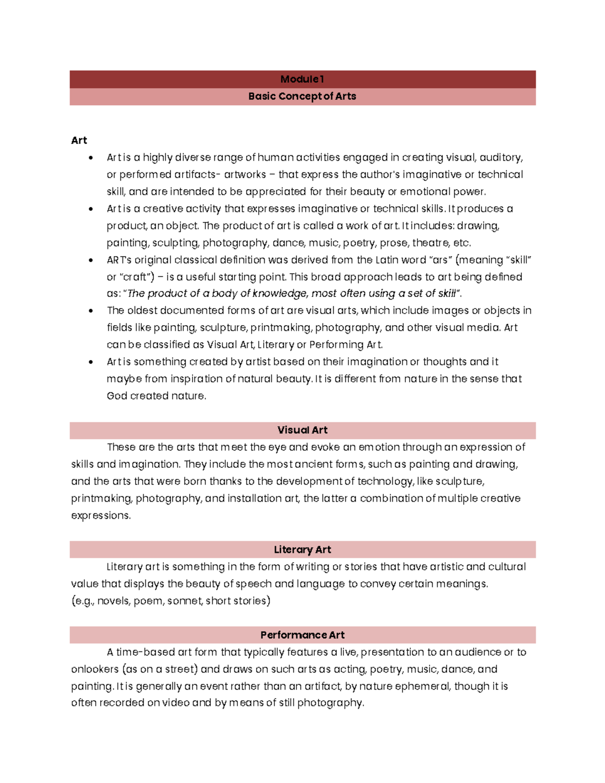 ART002-P1reviewer - Reviewer - Module 1 Basic Concept of Arts Art Art ...