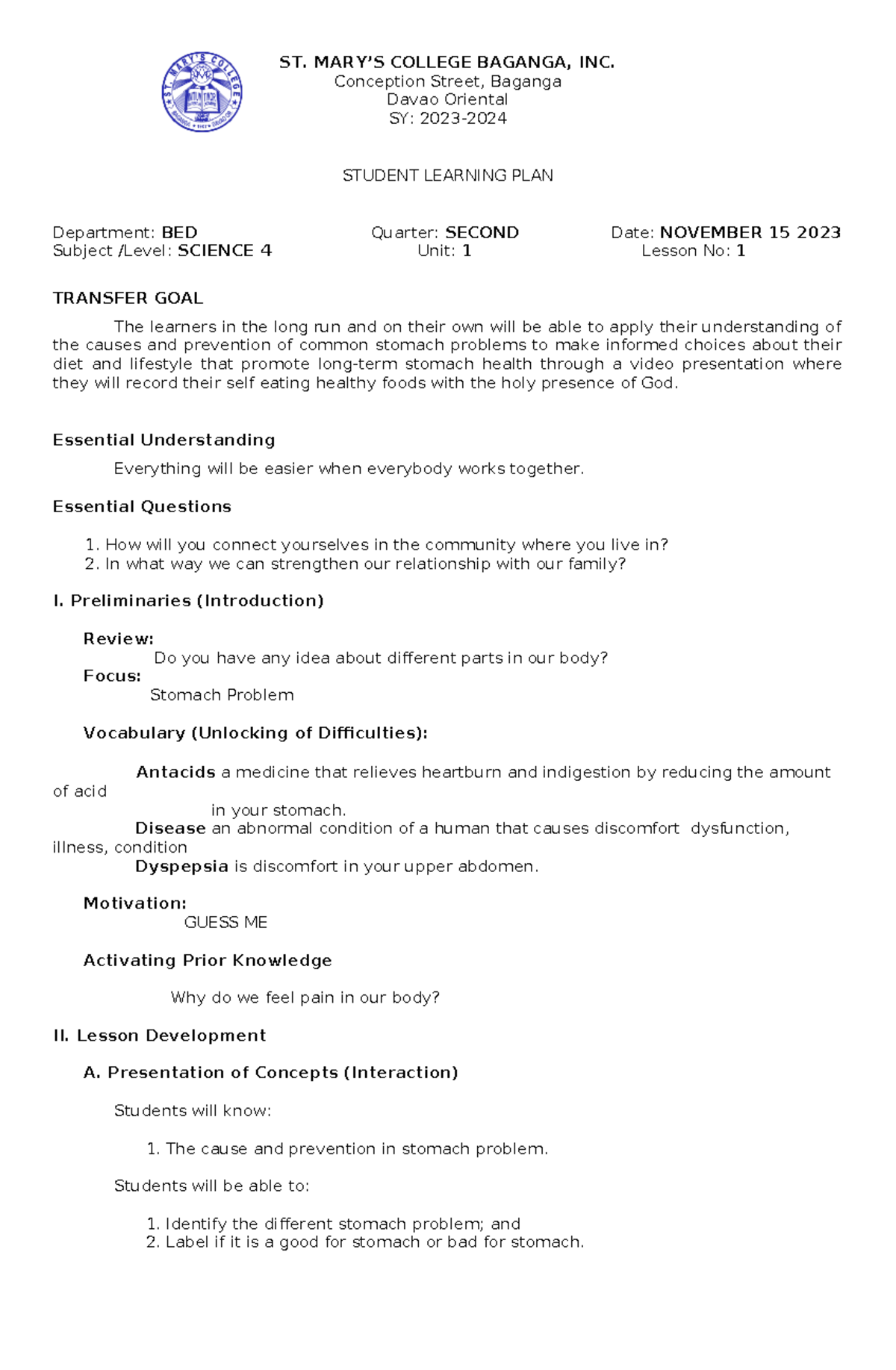 Grade - 4 LP in English - ST. MARY’S COLLEGE BAGANGA, INC. Conception ...