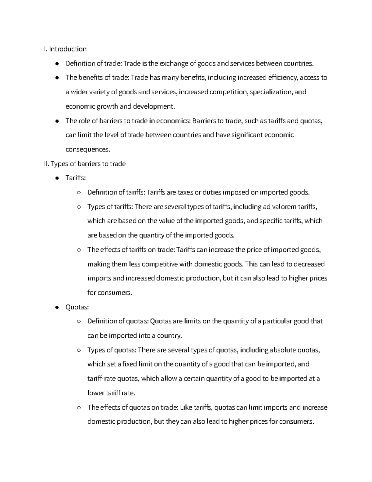 Barriers to Trade - Notes - I. Introduction Definition of trade: Trade ...