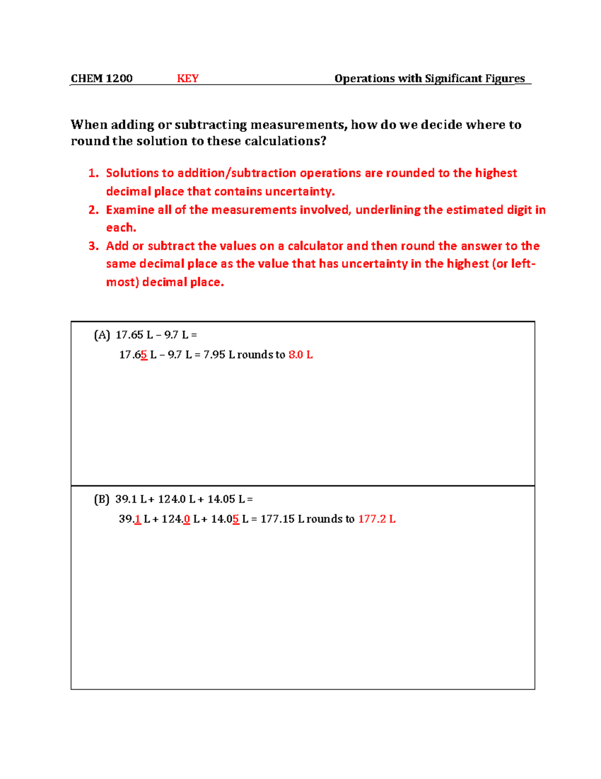Ch2-Operations with Sig Figs-KEY - CHEM 1200 KEY Operations with ...
