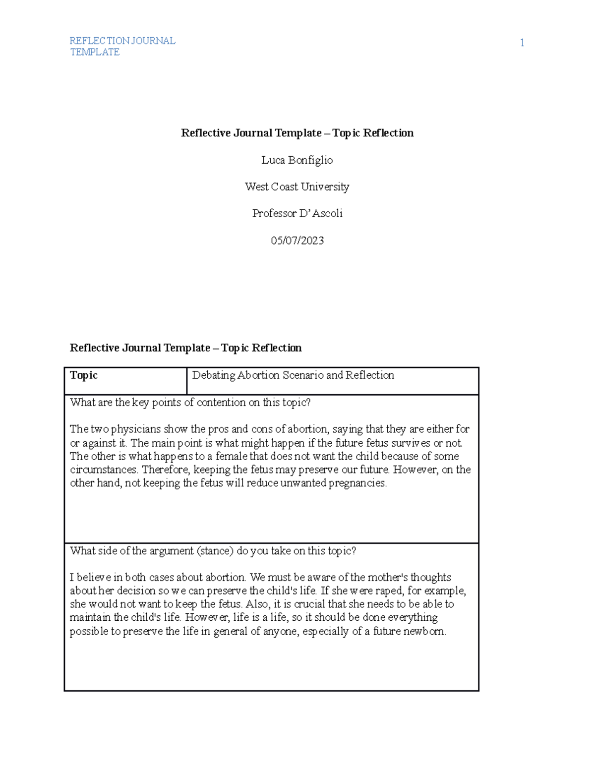 Abortion template - REFLECTION JOURNAL TEMPLATE 1 Reflective Journal ...