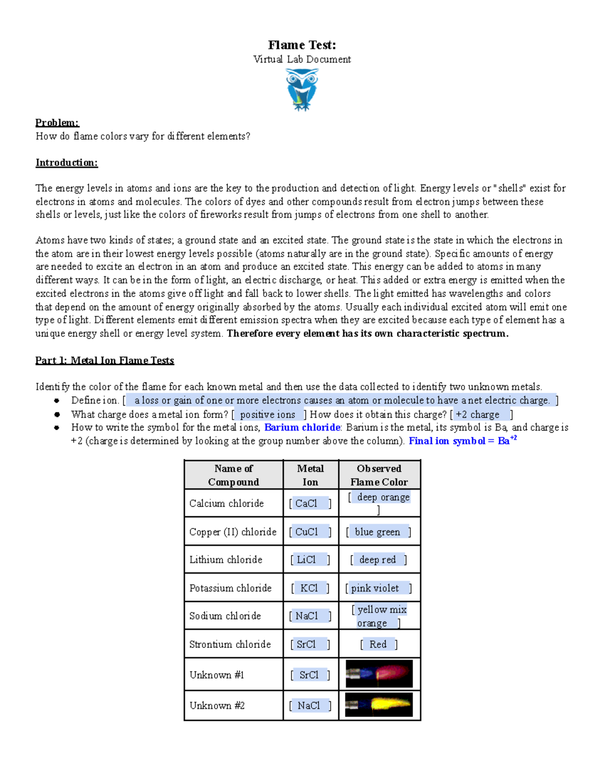 Copy Of Flame Test Virtual Lab Flame Test Virtual Lab Document