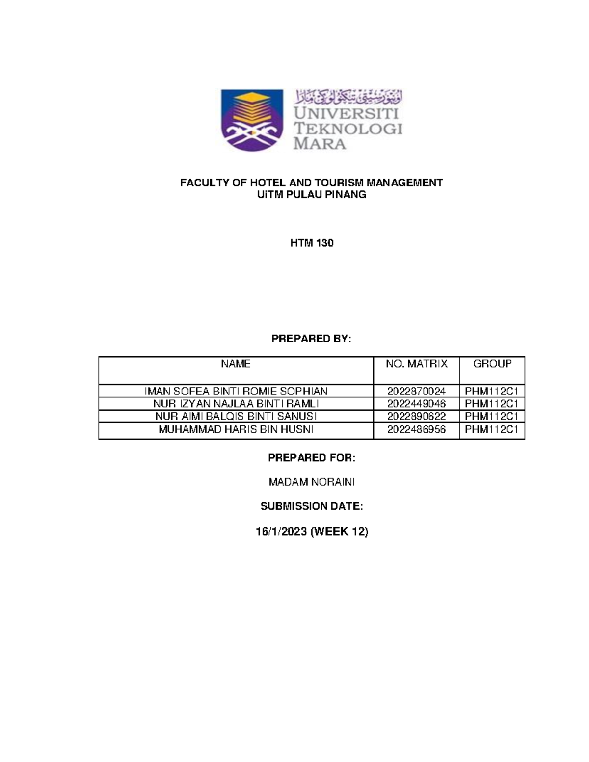 HTM Bukit Bendera PHM112C1C2 - FACULTY OF HOTEL AND TOURISM MANAGEMENT ...