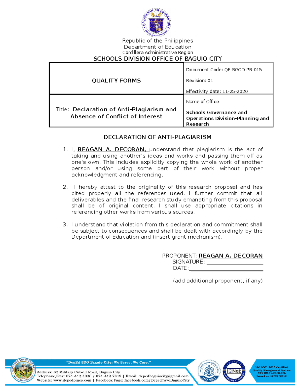 Declaration of Anti-Plagiarism - DECORAN, understand that plagiarism is ...