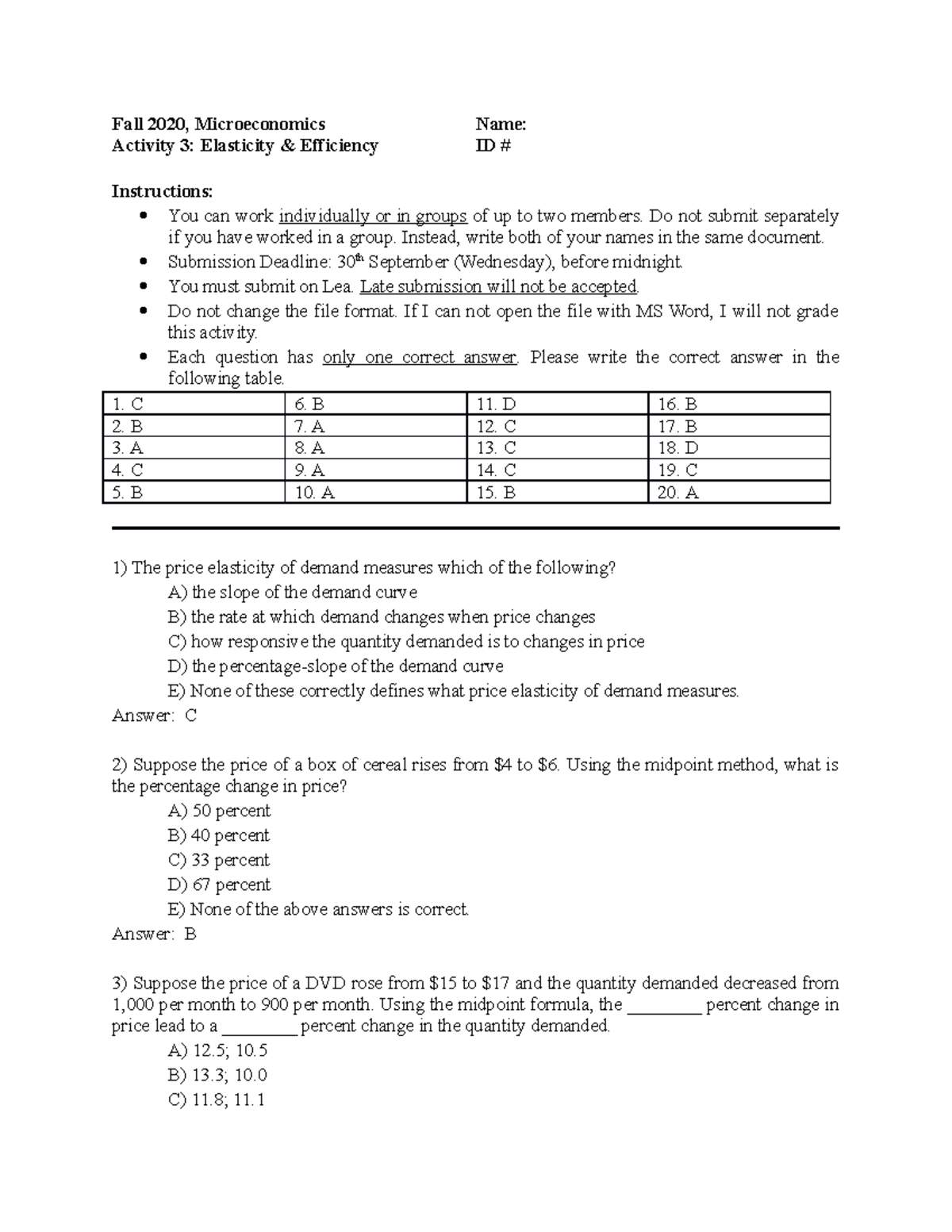 3 solution - Test 3 - Fall 2020, Microeconomics Name: Activity 3 ...