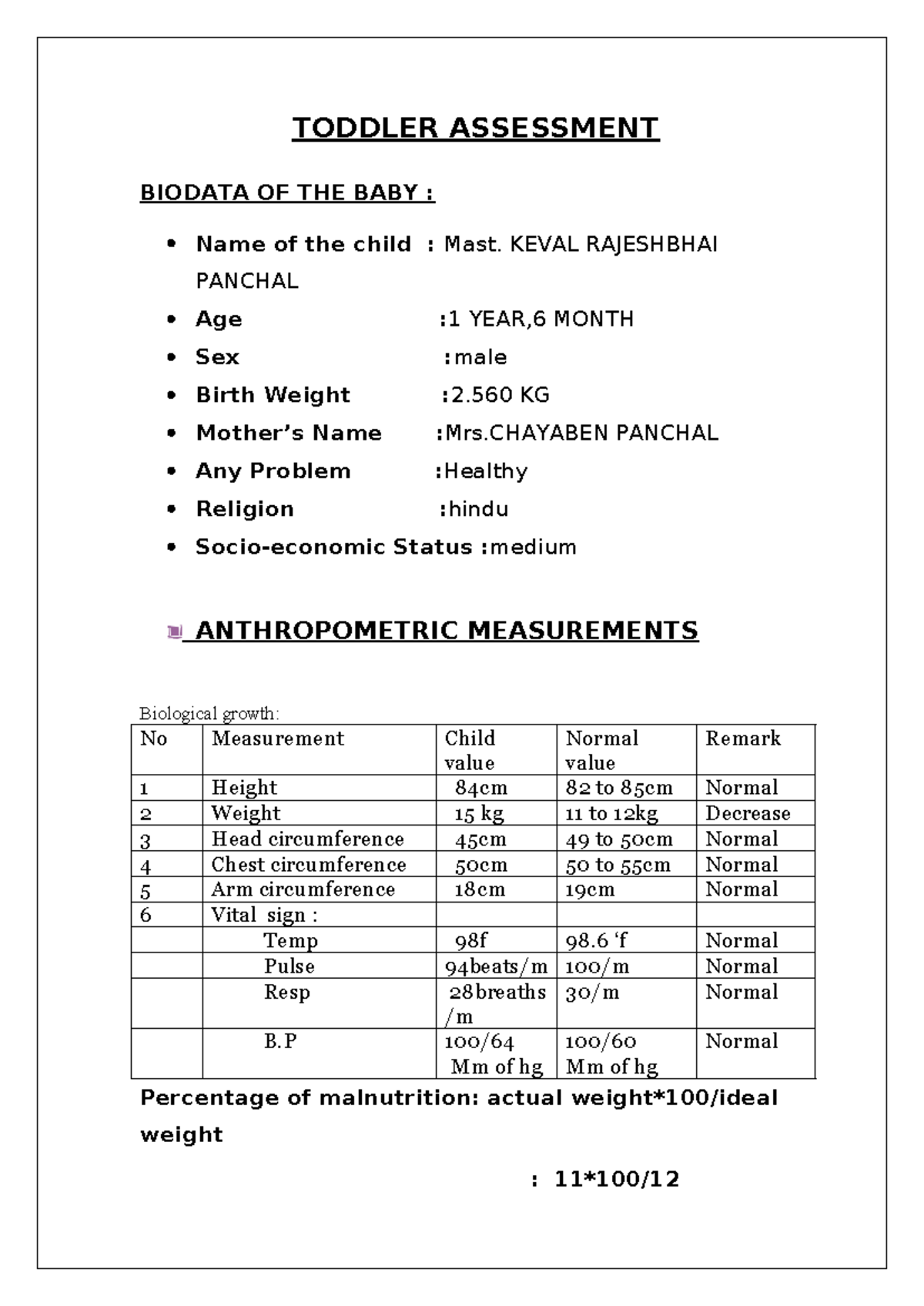 51573672-toddler-assesssment - TODDLER ASSESSMENT BIODATA OF THE BABY ...