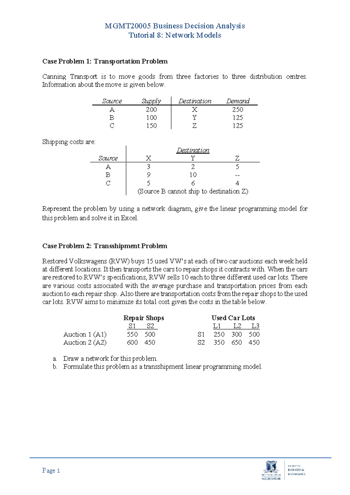 Bda Tutorial 8 1 Tute Mgmt20005 Business Decision Analysis Tutorial 8 Network Models Page 1
