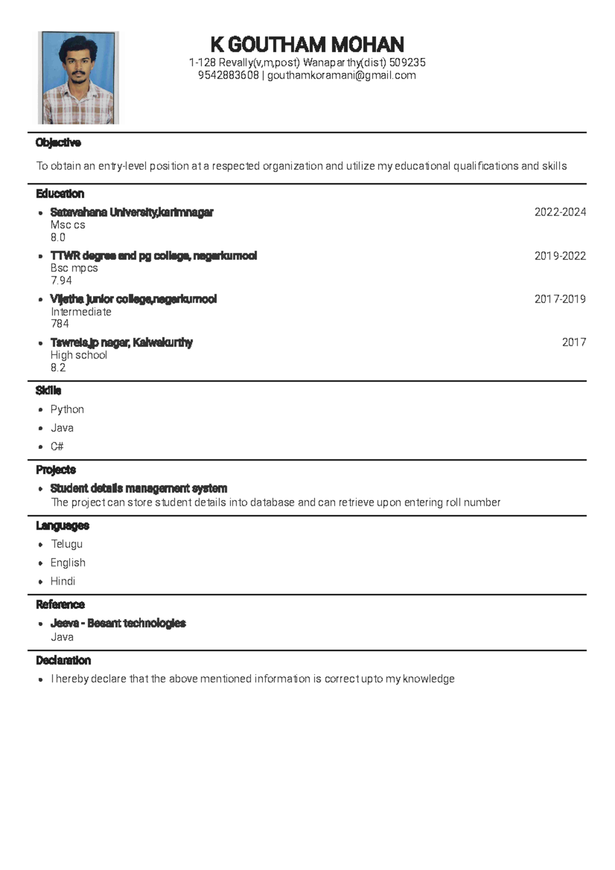 Goutham java msc 2024 - 2022- 2019- 2017- 2017 K GOUTHAM MOHAN 1-128 Revally(v,m,post) - Studocu
