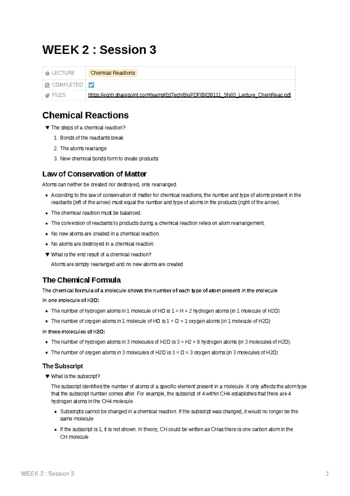 WEEK 2 Session 3 - Chemical Reactions - WEEK 2 : Session 3 1 WEEK 2 ...