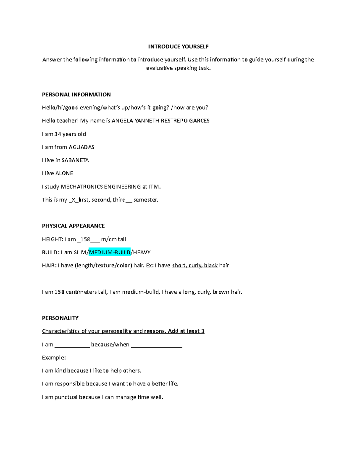 Guide - Introduce Yourself - INTRODUCE YOURSELF Answer the following ...