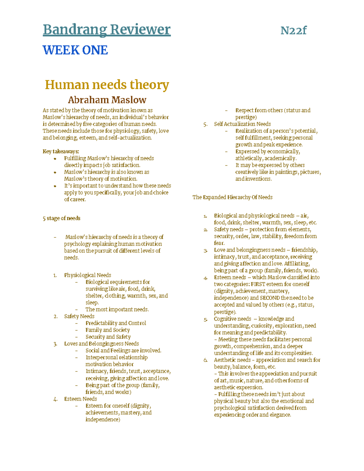Bandrang for tfn - Bandrang Reviewer N22f WEEK ONE Human needs theory ...