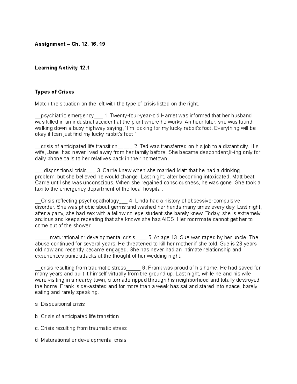 Assignment - Ch. 12, 16, 19 - Assignment – Ch. 12, 16, 19 Learning ...