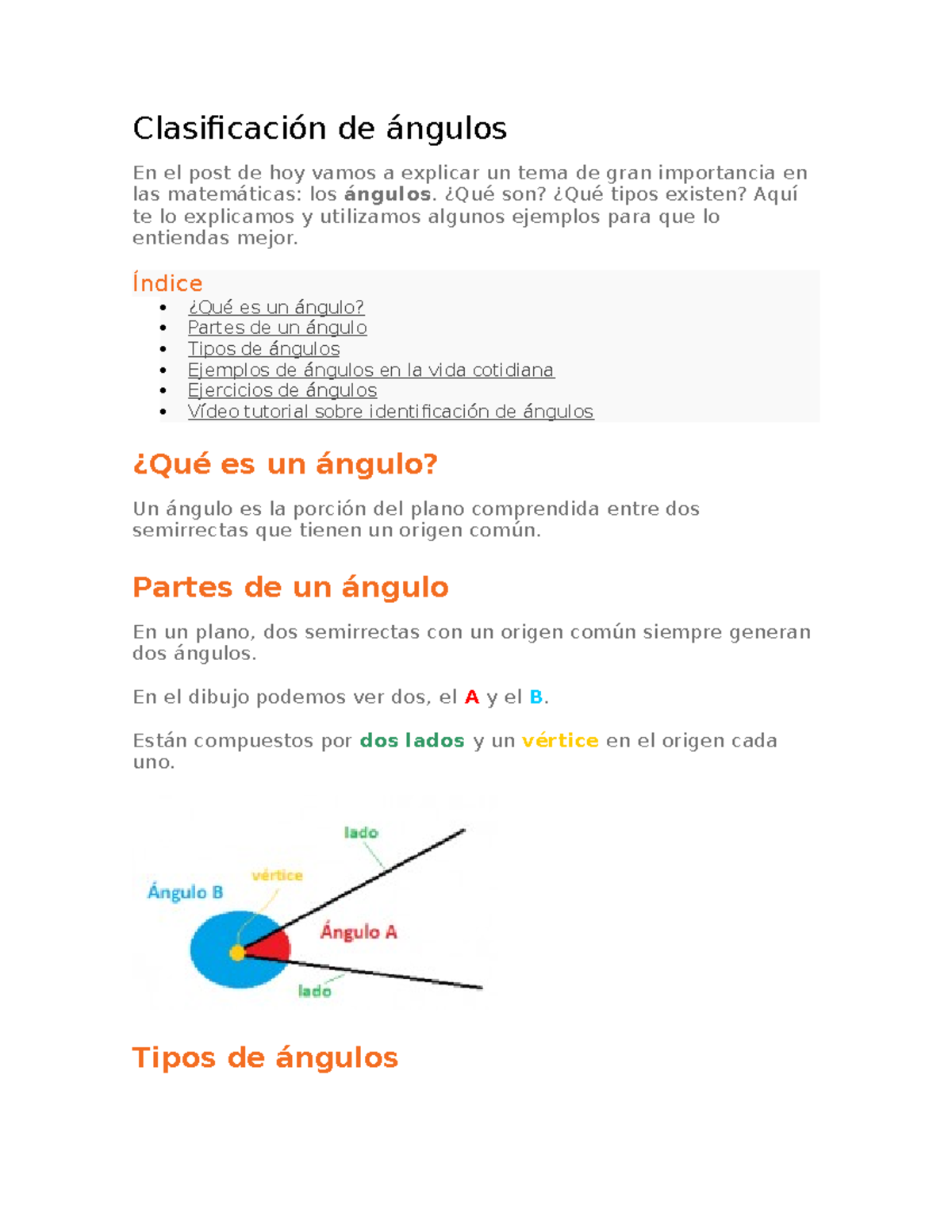 Clasificación de ángulos - Clasificación de ángulos En el post de hoy ...