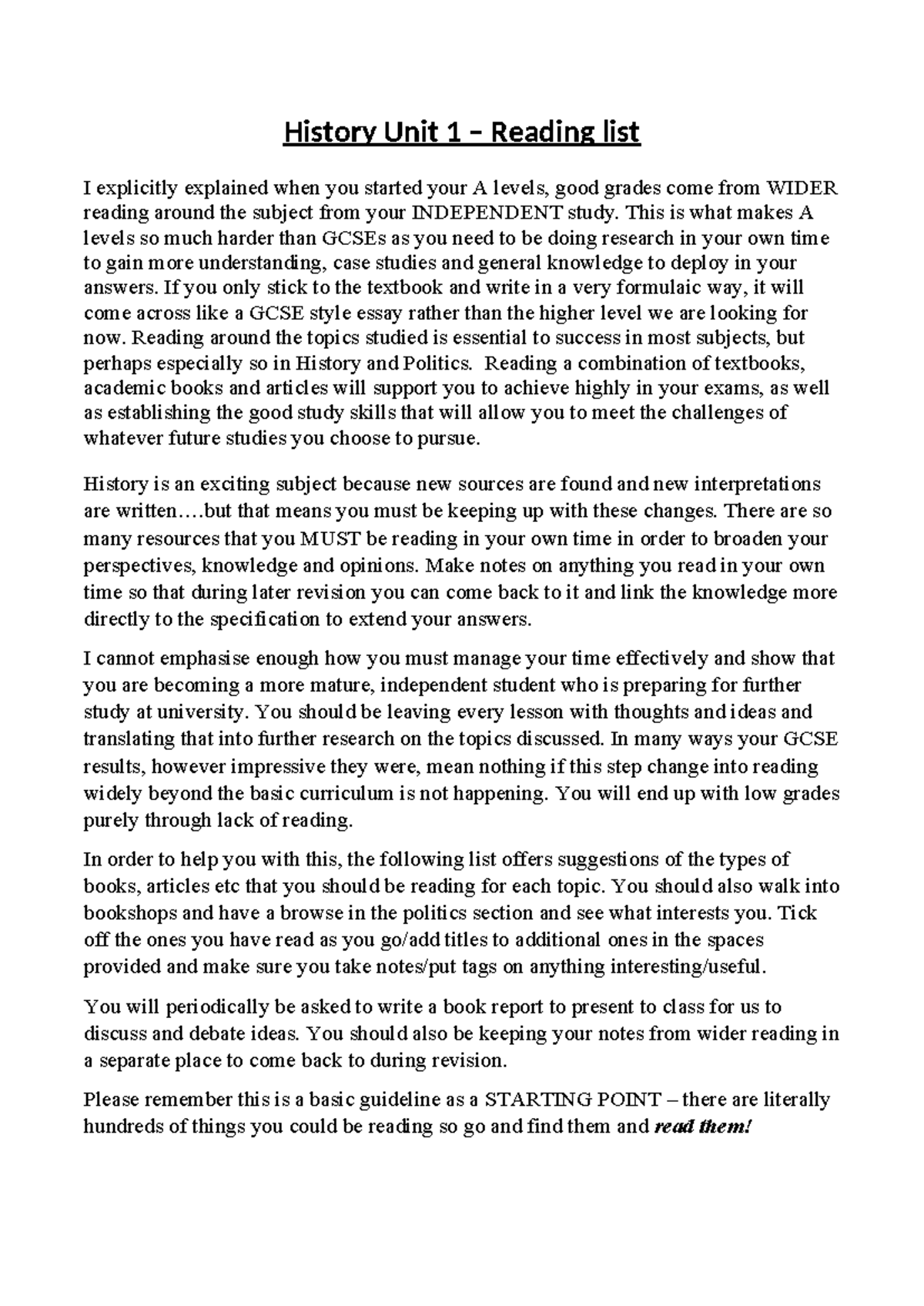 A Level Unit 1 History Reading List LAB - History Unit 1 – Reading list ...