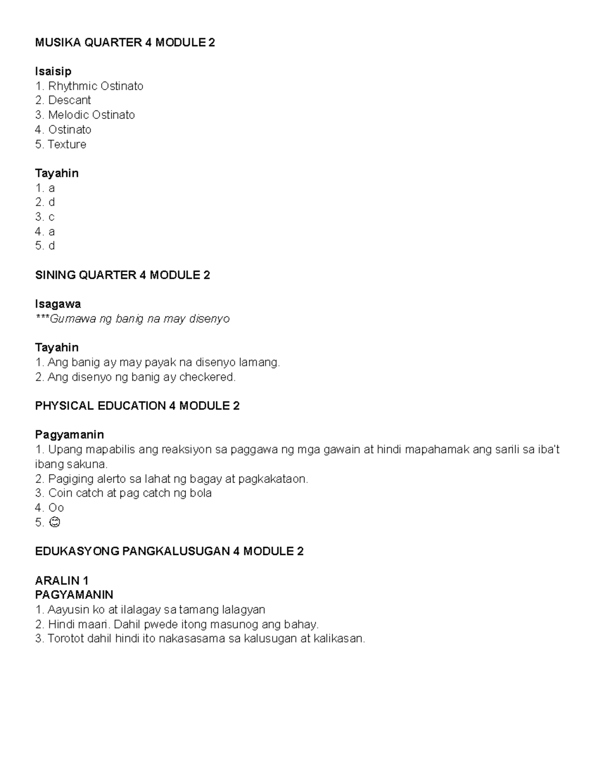 Mapeh Modyul 2 - This is an answer key for module - MUSIKA QUARTER 4 ...