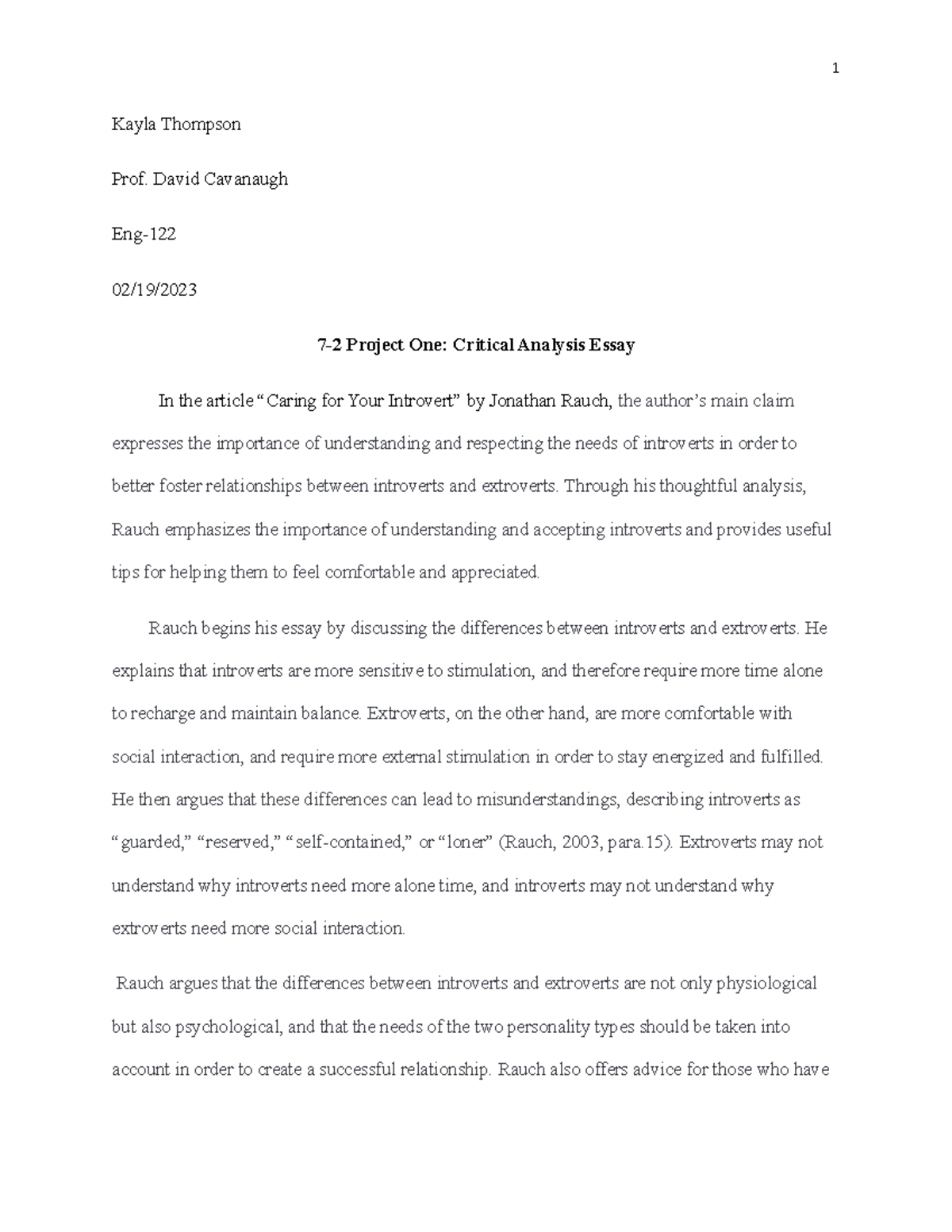 7-2 Critical Analysis Project - Kayla Thompson Prof. David Cavanaugh Eng- 02/19/ 7-2 Project One ...